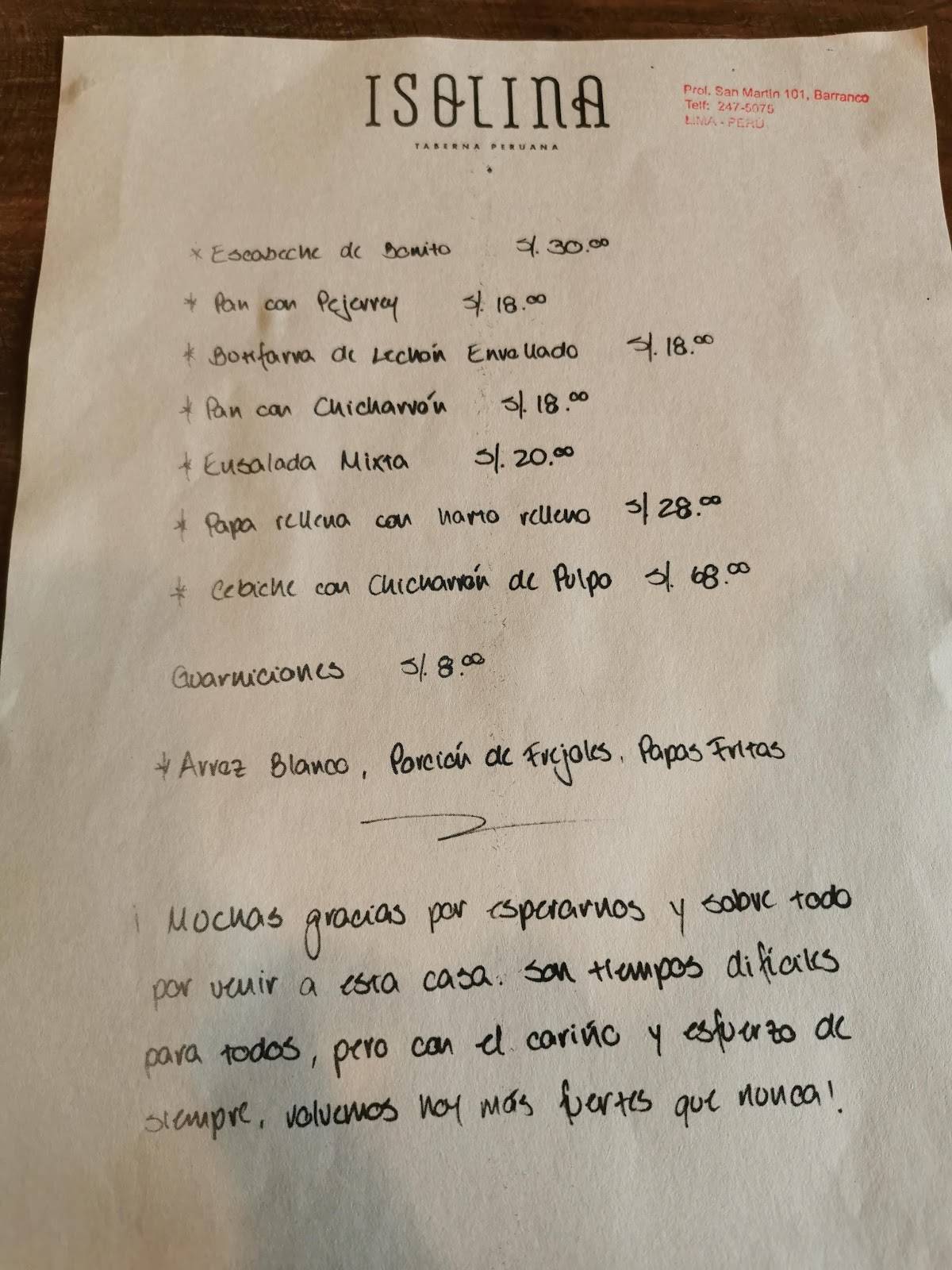 Carta del restaurante Isolina Taberna Peruana, Barranco