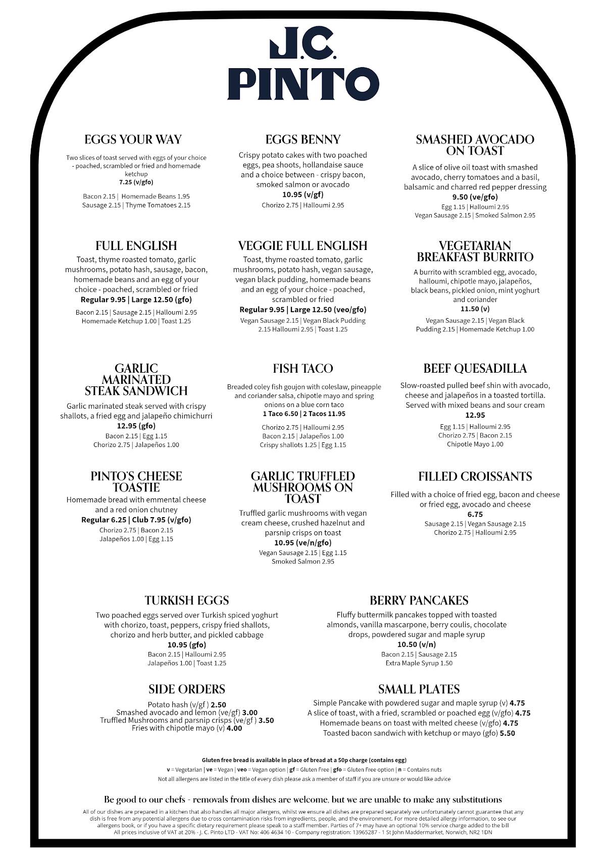 Menu at J.C. Pinto restaurant, Norwich