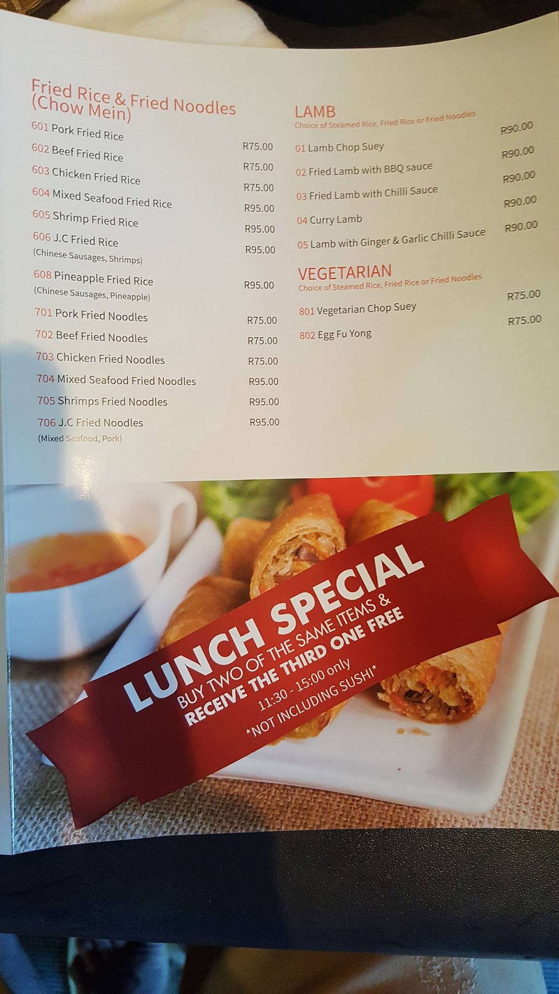 Menu at JC Chinese Restaurant, Bloemfontein