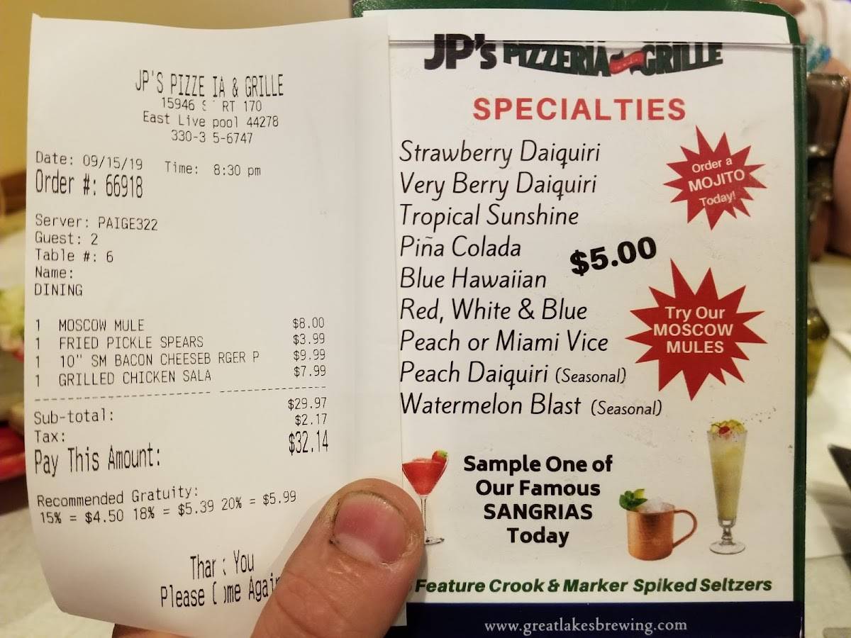 Menu at JP's Pizzeria & Grill, Calcutta