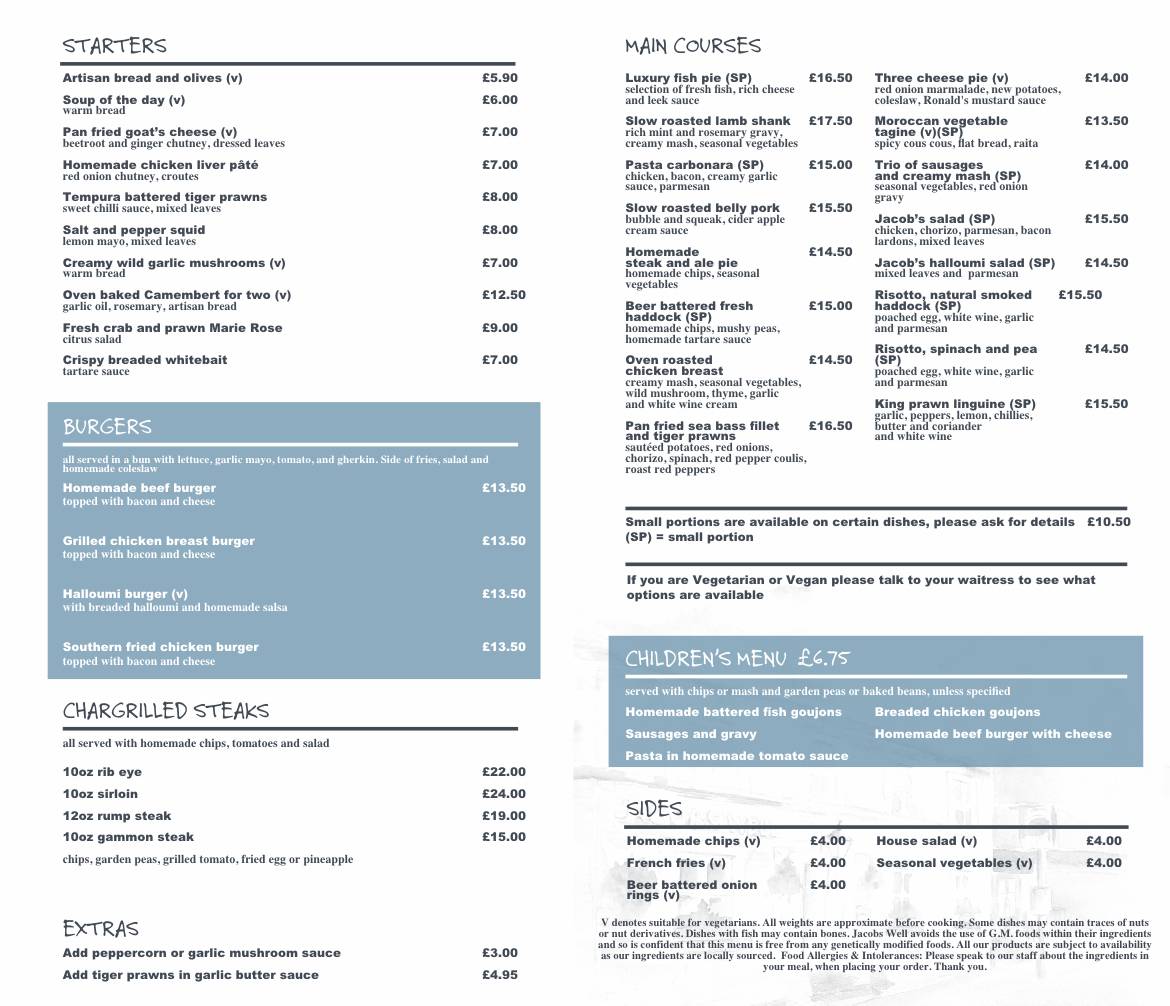 Menu at Jacobs Well pub & bar, Holmfirth, 16 Woodhead Rd