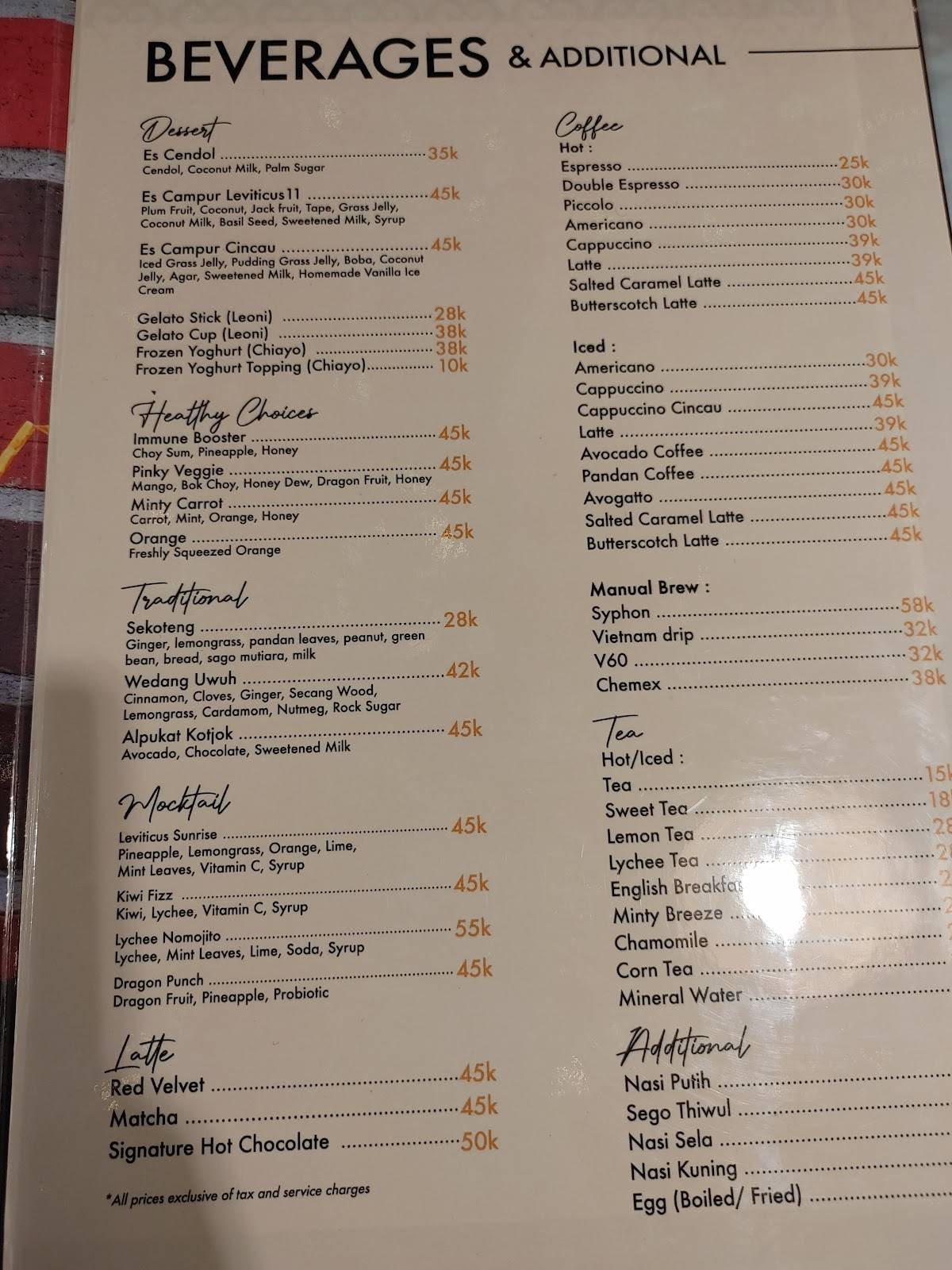 Menu at Leviticus 11 restaurant, West Jakarta
