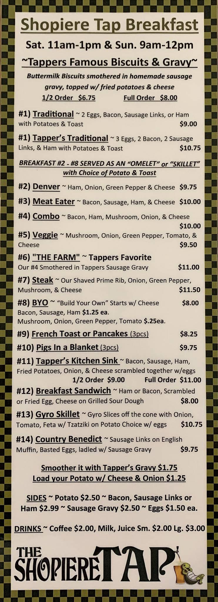 Menu at The Shopiere Tap pub & bar, Shopiere, E County Rd J
