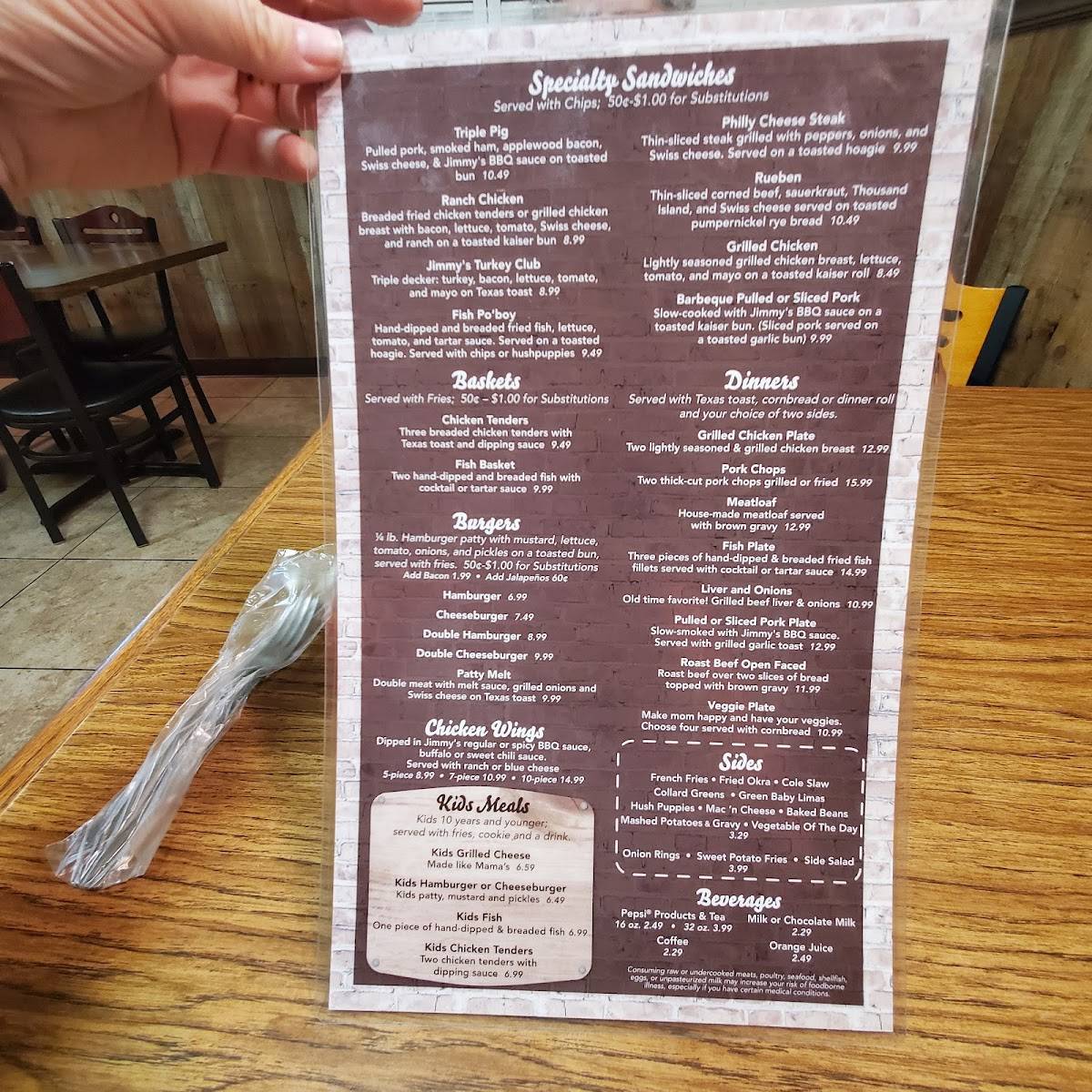 Menu at Jimmy's Grill restaurant, Molino, US-29