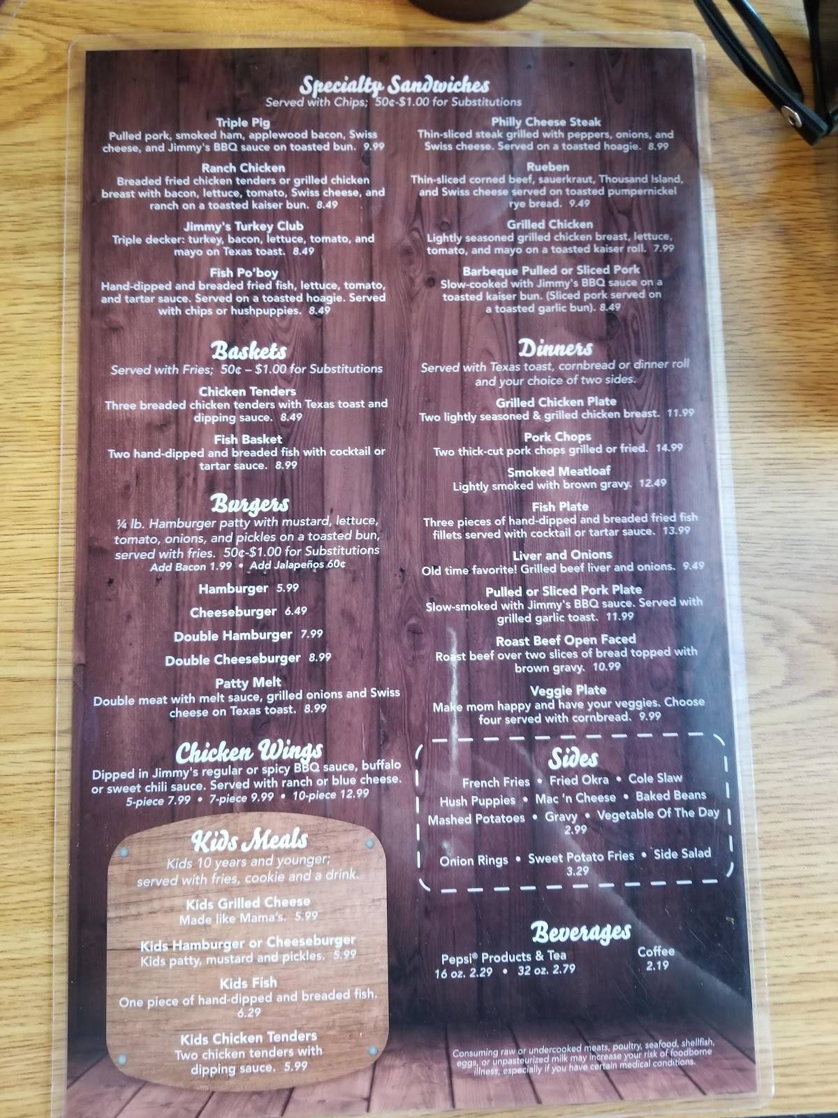 Menu at Jimmy's Grill restaurant, Molino, US-29