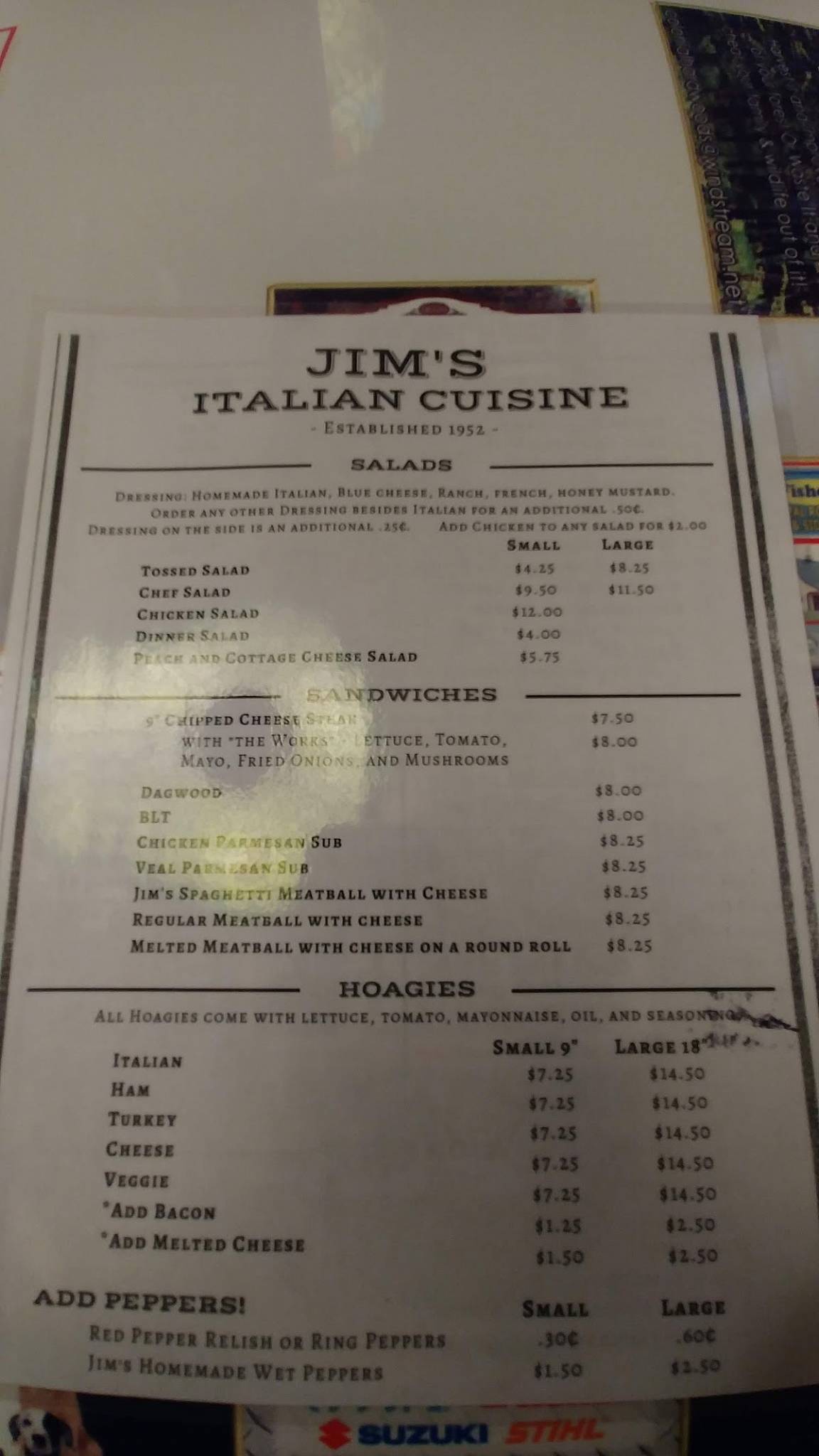 Menu at Jim's Italian Cuisine restaurant, Bellefonte