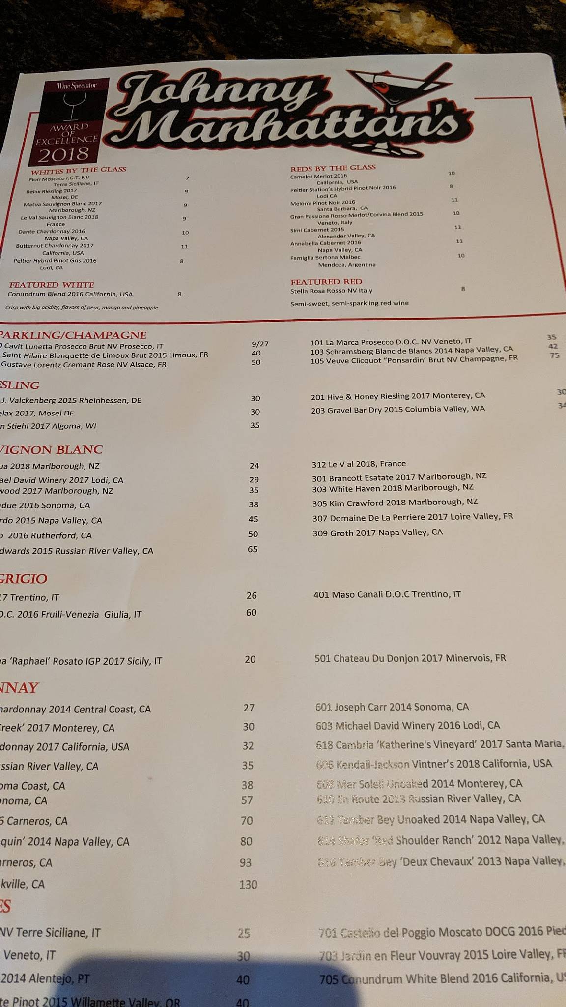 Menu at Johnny Manhattan's steakhouse, Hubertus