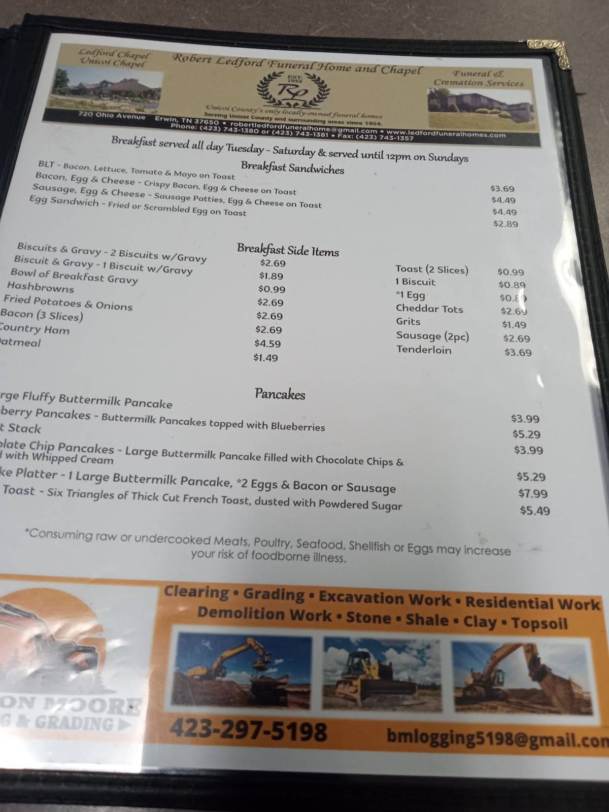 Menu at Maple Grove Restaurant, Unicoi