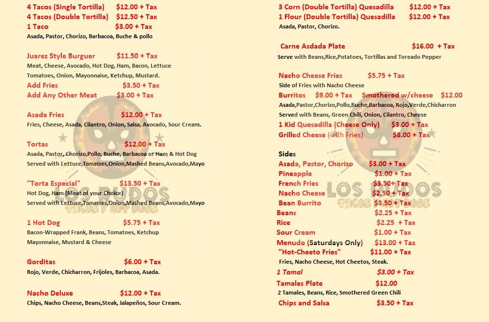 Menu at Los rudos tacos y hotdogs restaurant, Johnstown