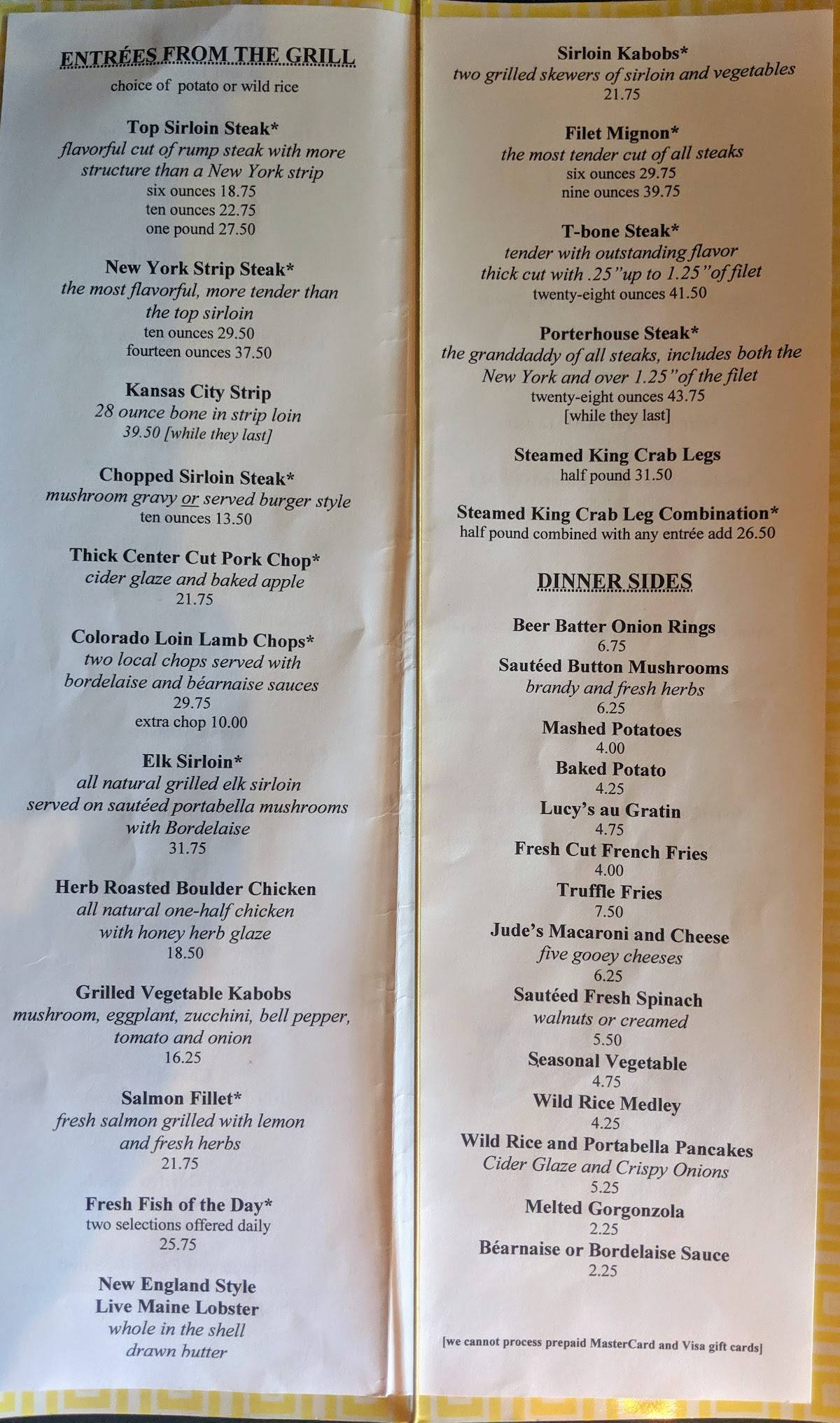 Menu at Juicy Lucy's Steakhouse, Glenwood Springs