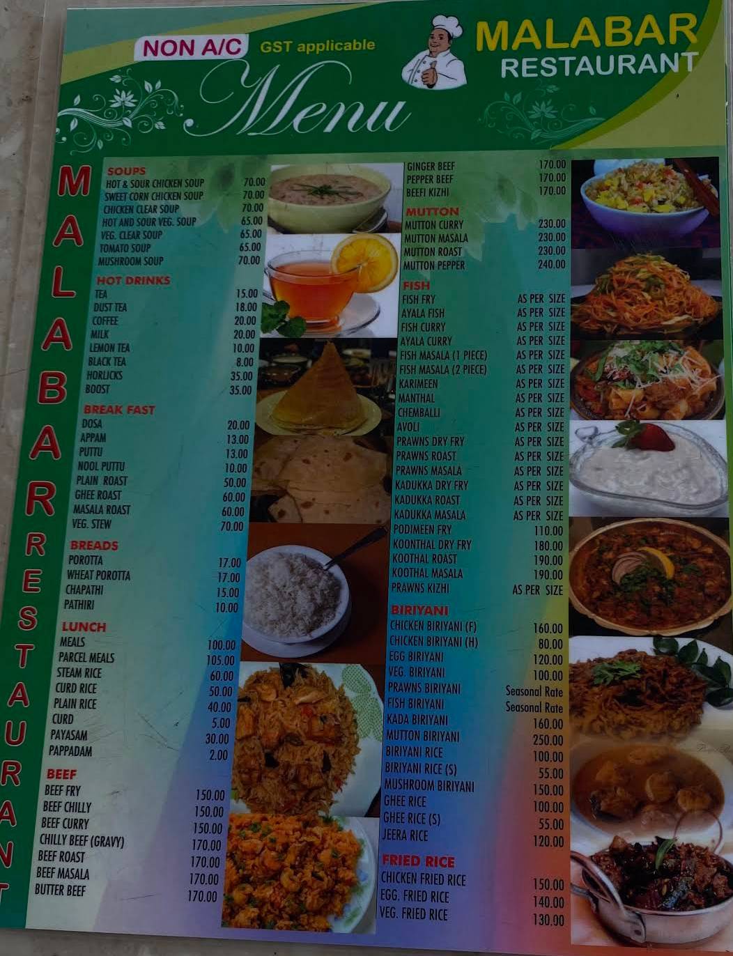 Menu at Malabar Restaurant, Kanjikode