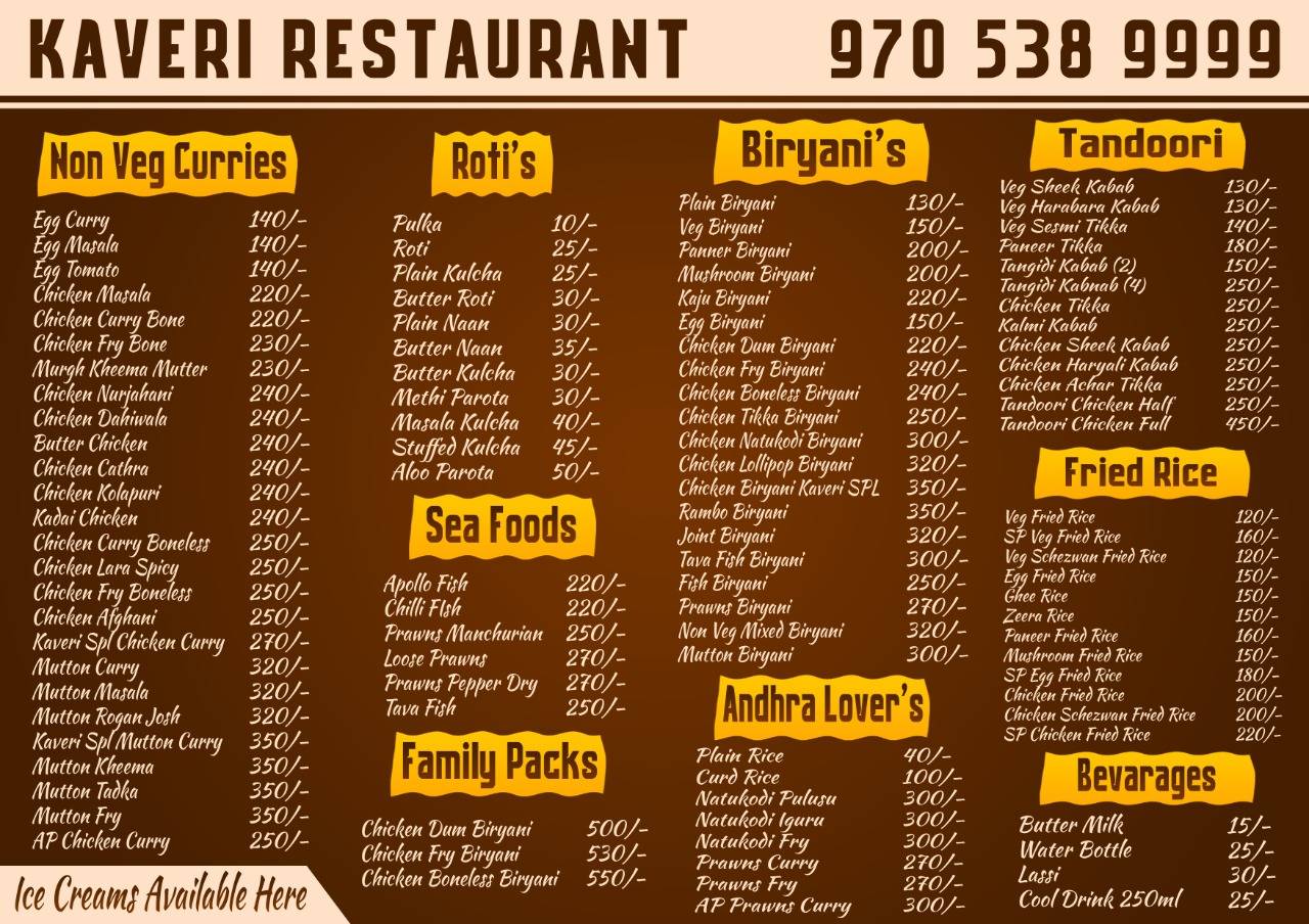 Menu at Kaveri multi cuisine restaurant, Nandigama