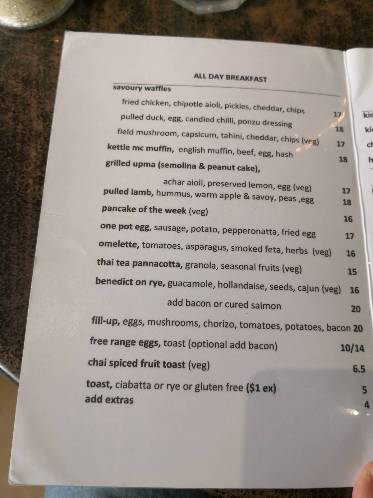Menu at Kettle Cafe, Lathlain