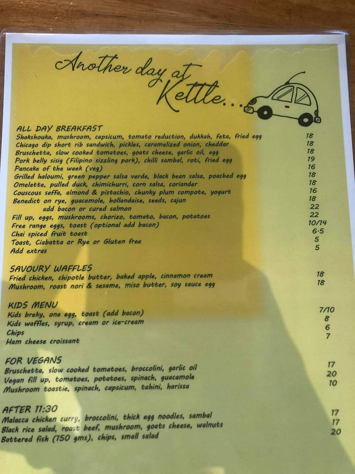 Menu at Kettle Cafe, Lathlain