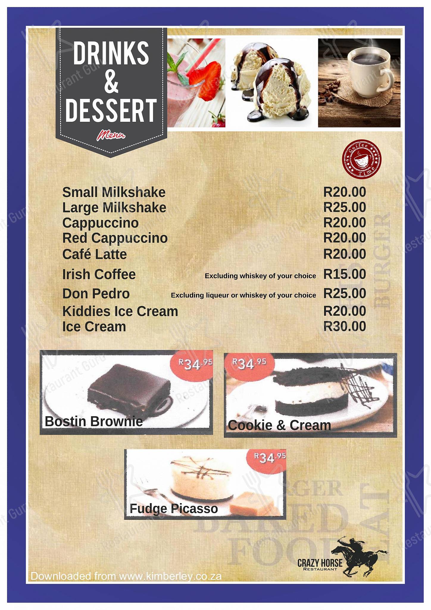 Menu at Horseshoe Inn restaurant, Kimberley
