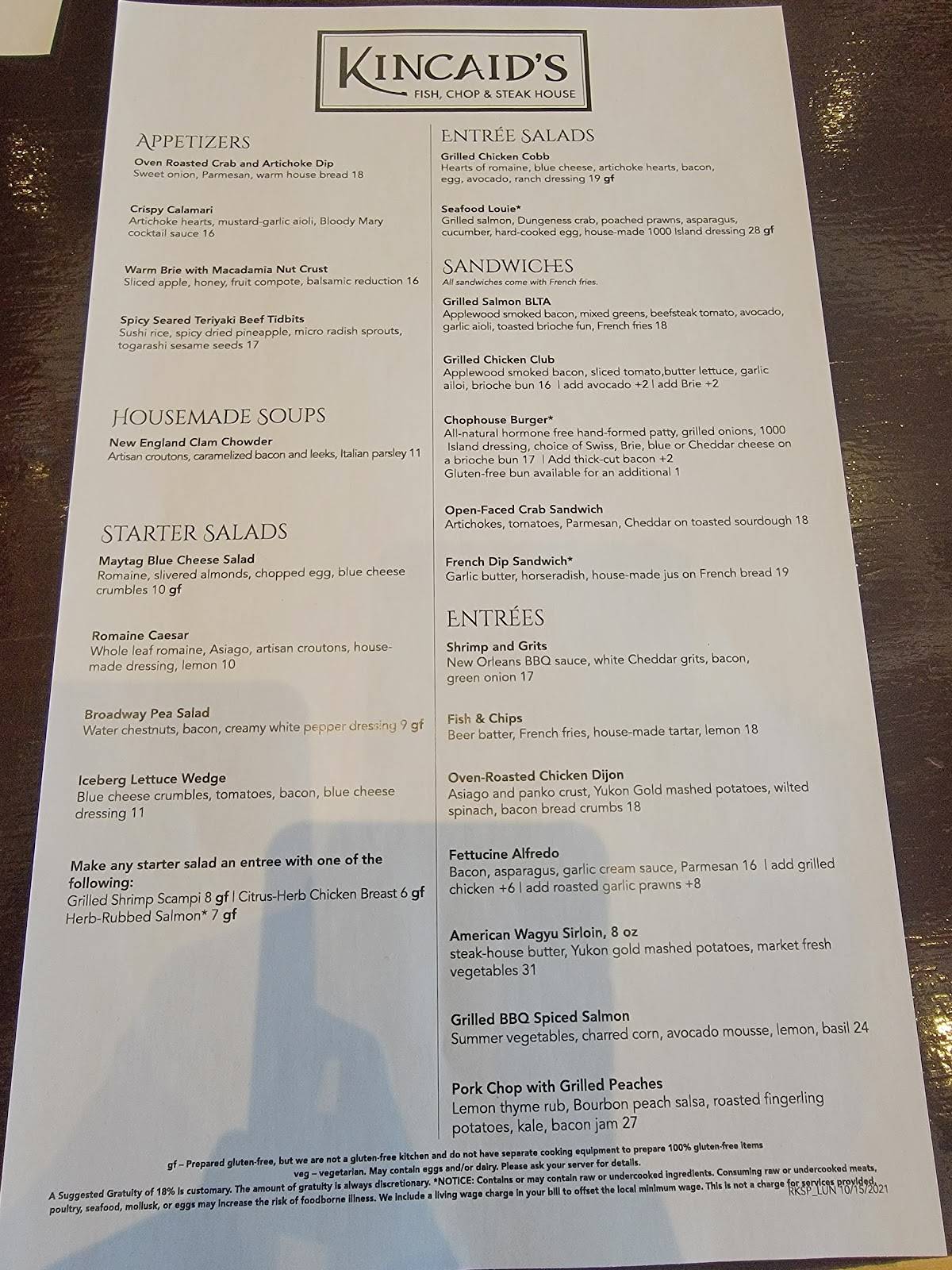 Menu at Kincaid's Fish, Chop & Steakhouse, Saint Paul