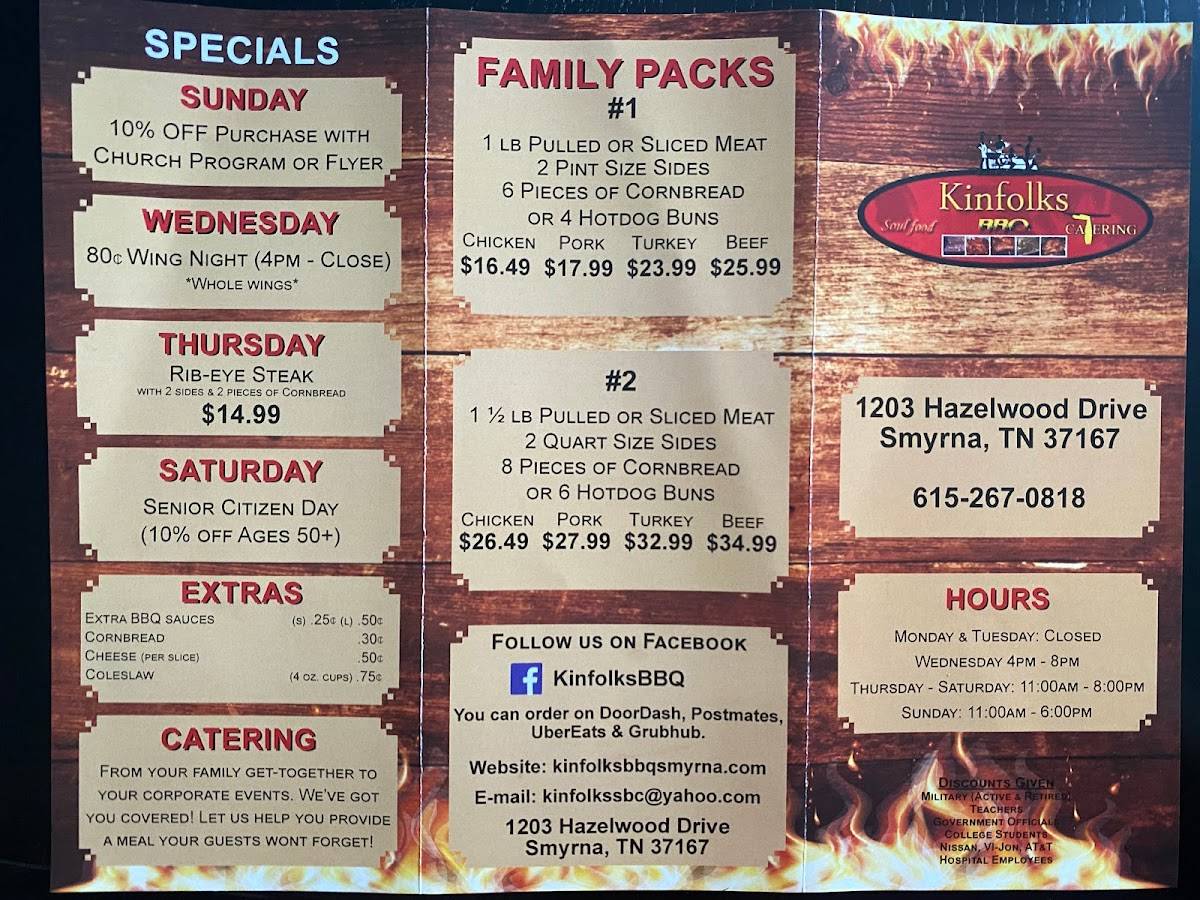 Menu at Kinfolks BBQ, Smyrna