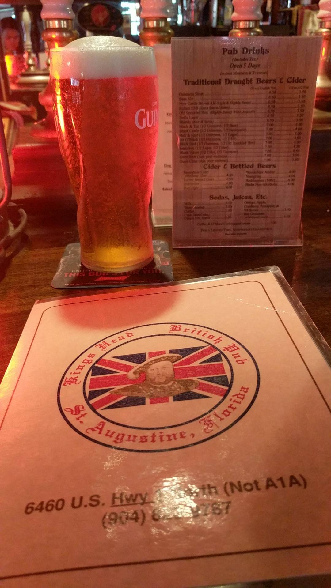 Menu at Kings Head British Pub, St. Augustine