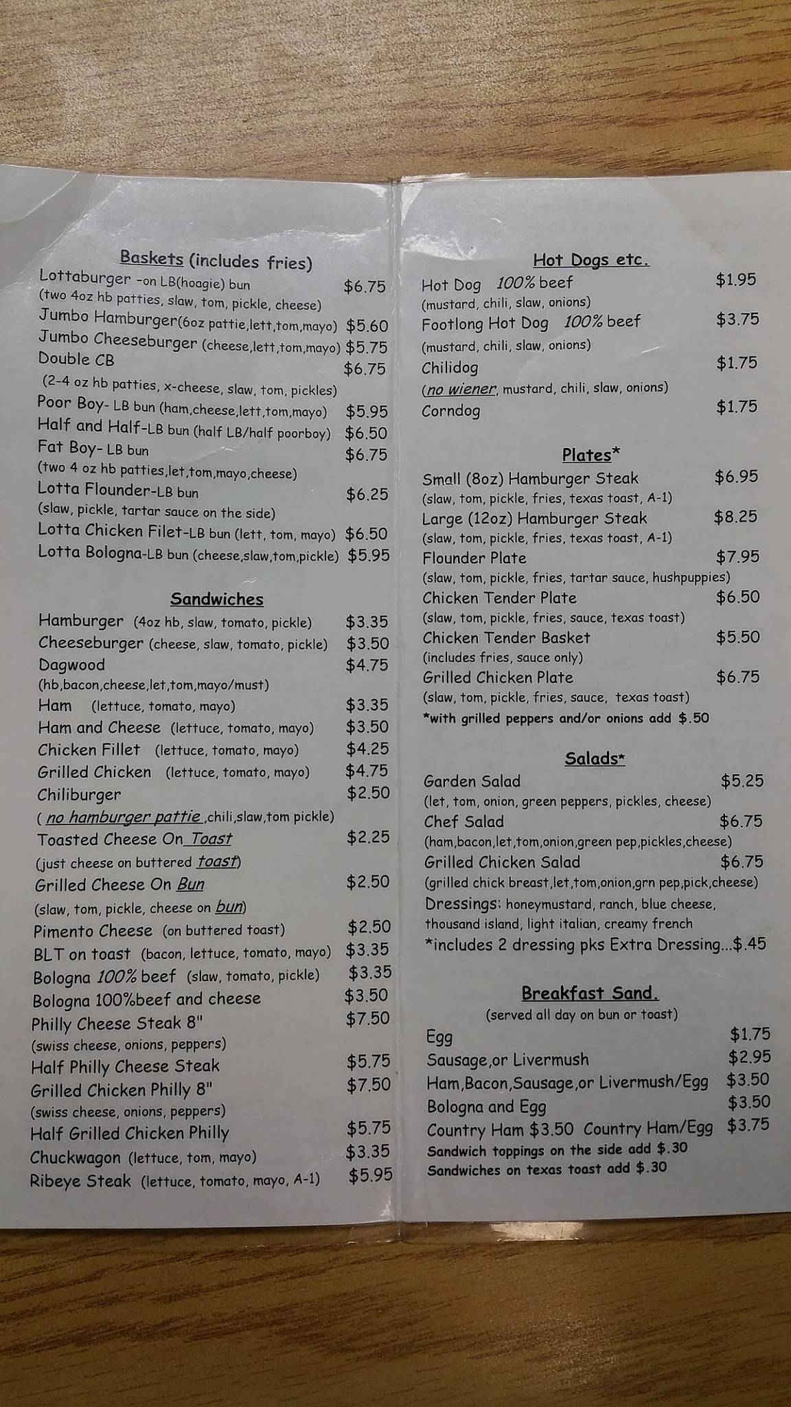 Menu at Blackwood's Drive-In restaurant, Kings Mountain