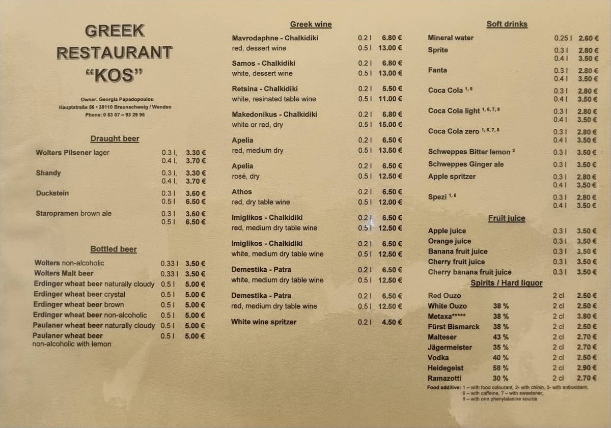 Speisekarte von Kos restaurant, Braunschweig