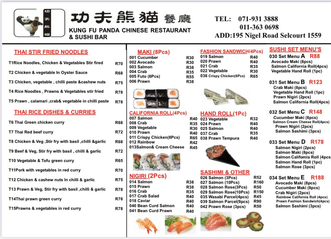 Menu at Kung Fu Panda Restaurant & Sushi Bar, Springs
