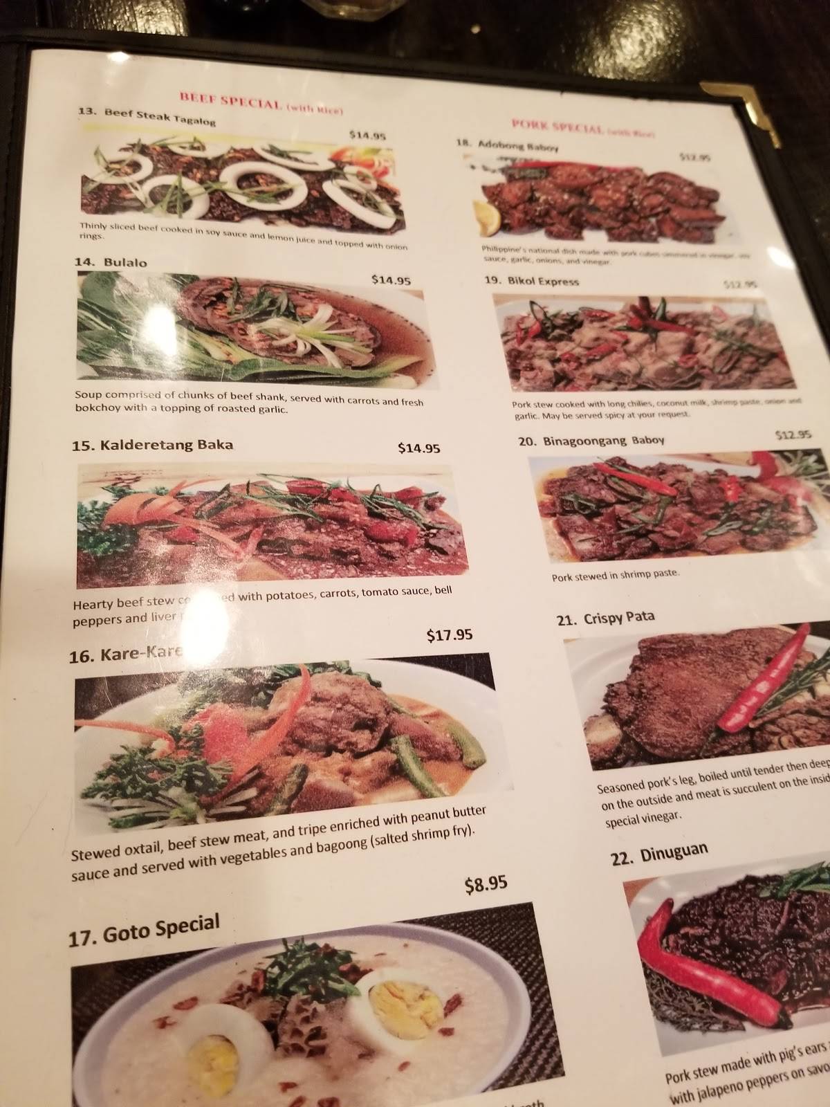 Menu at Kusina De MANILA restaurant, Des Plaines