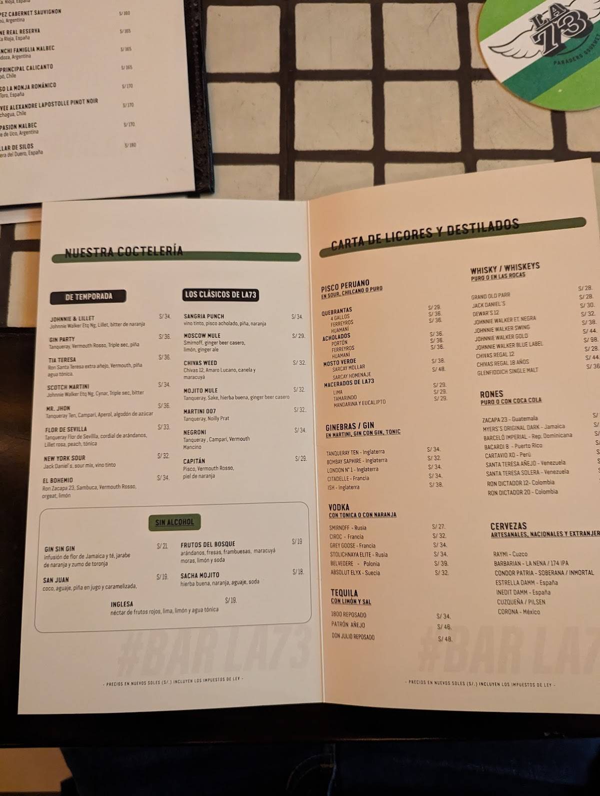 Carta del restaurante La 73, Barranco