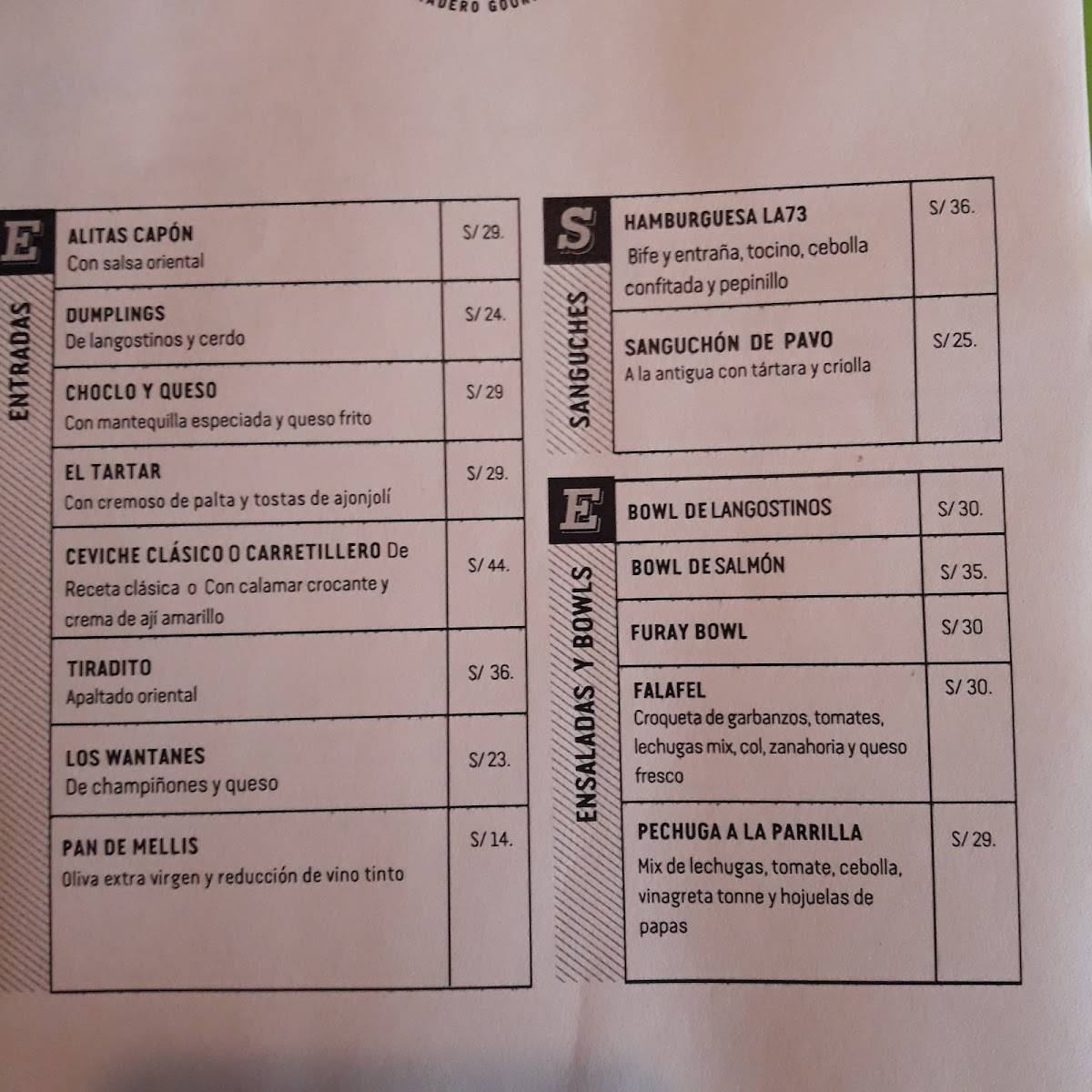Carta del restaurante La 73, Barranco
