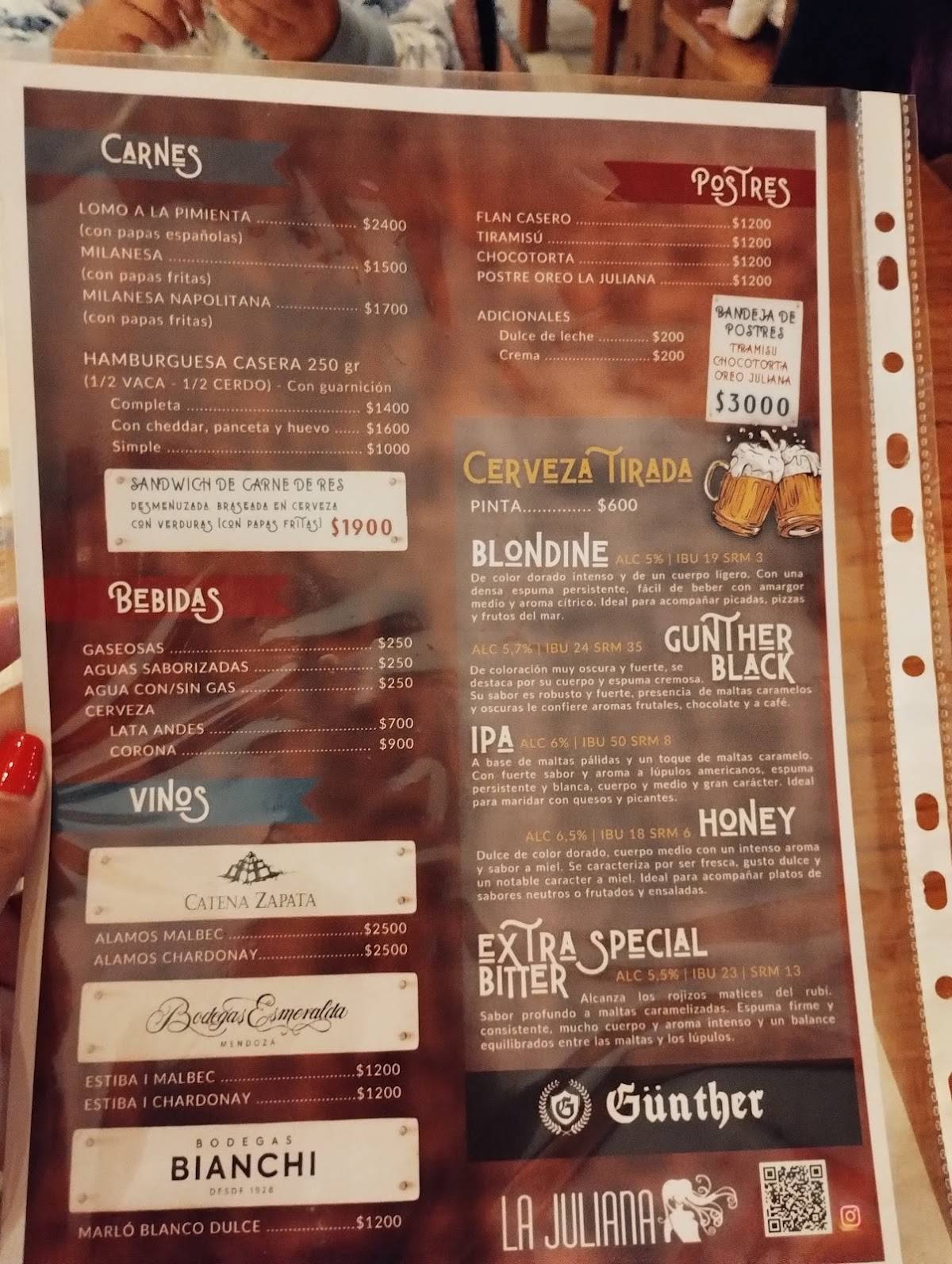 Carta de La Juliana restaurant, Santa Clara del Mar