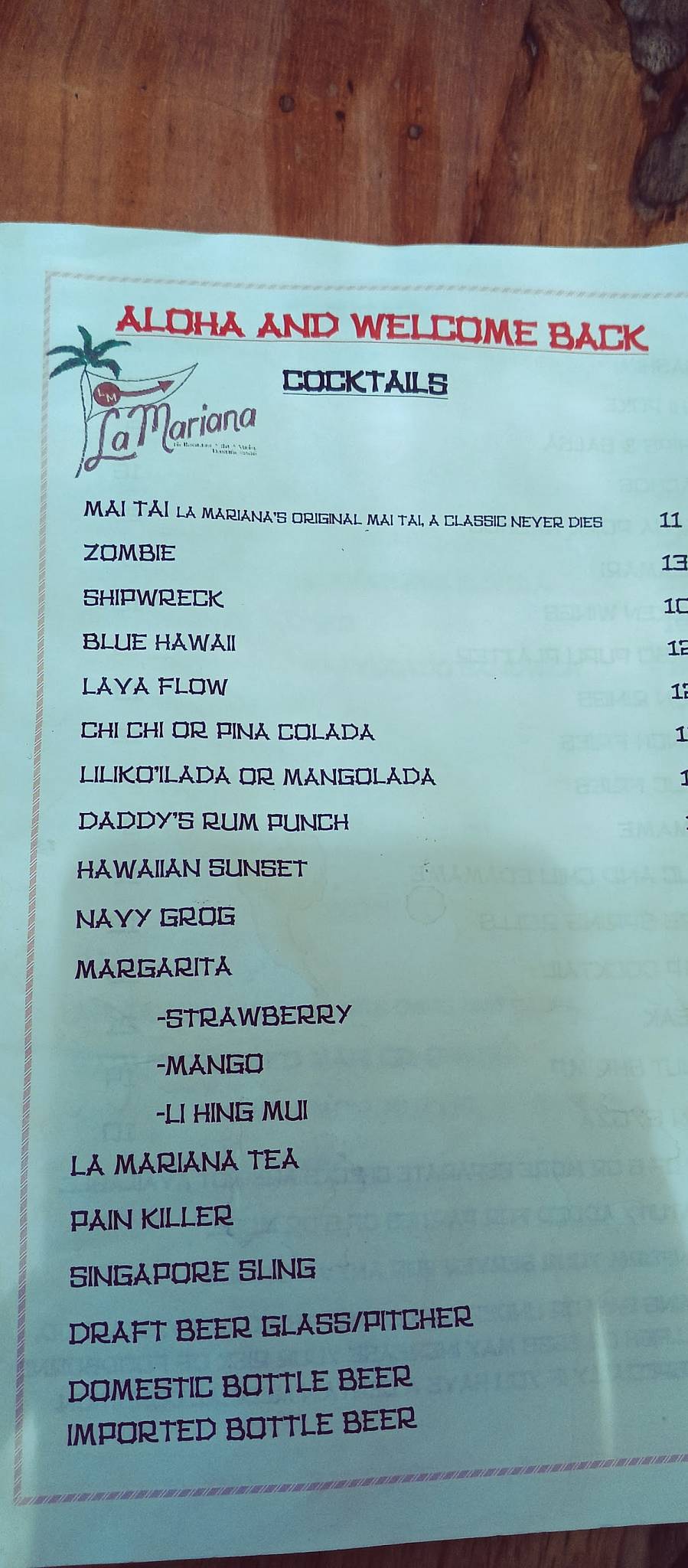 Menu at La Mariana Sailing Club, Honolulu, 50 Sand Island Access Rd