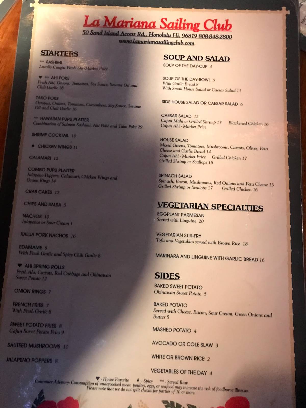 Menu at La Mariana Sailing Club, Honolulu, 50 Sand Island Access Rd