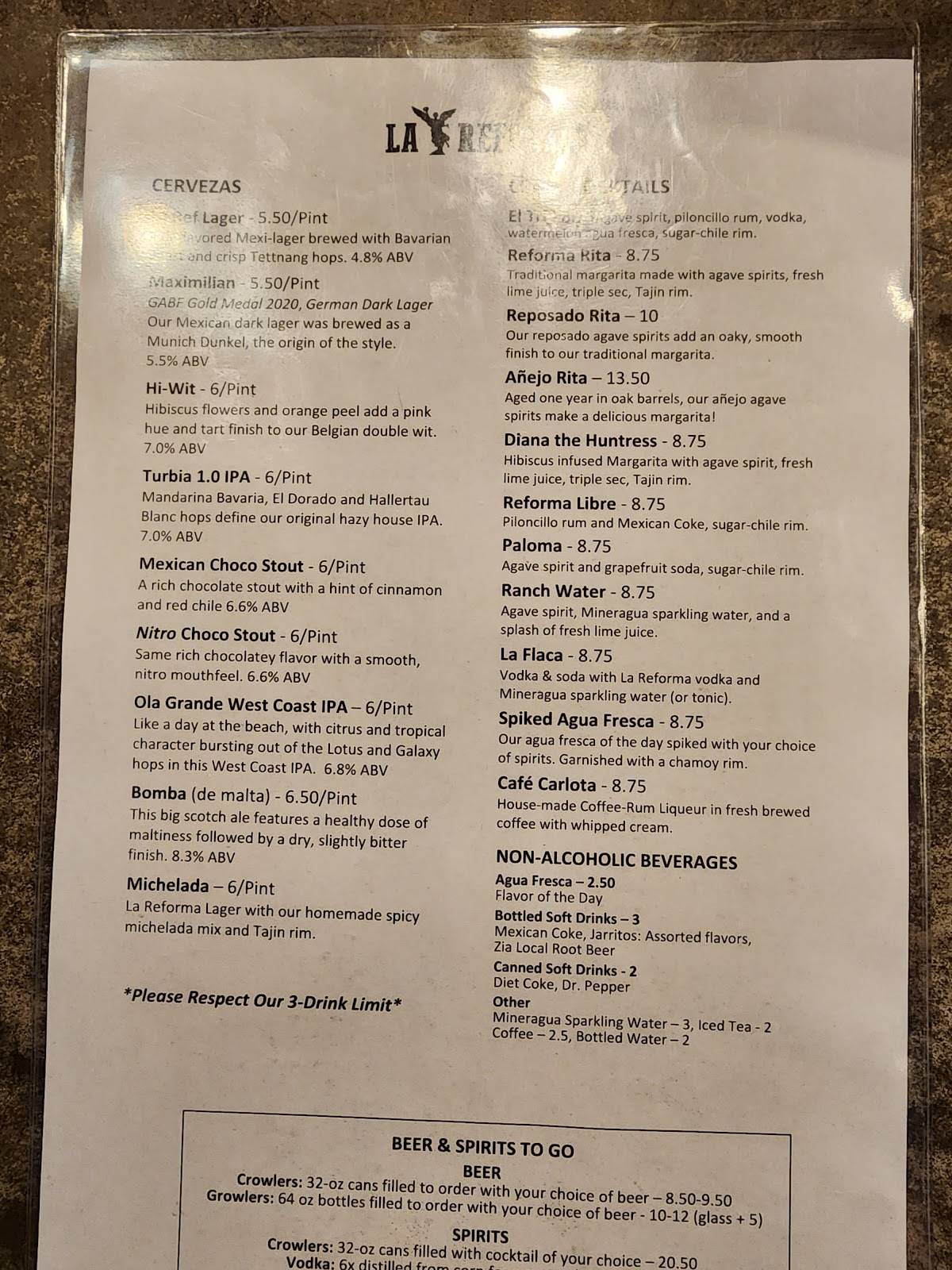 Menu at La Reforma restaurant, Albuquerque
