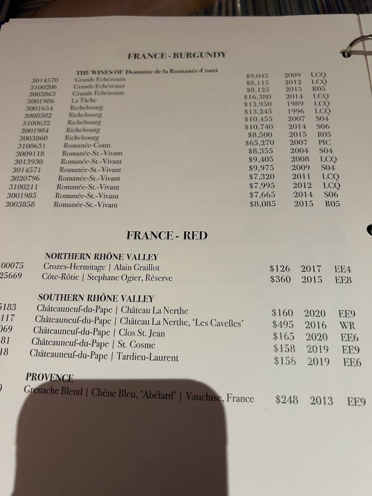 Menu at Lago restaurant, Las Vegas, 3600 S Las Vegas Blvd