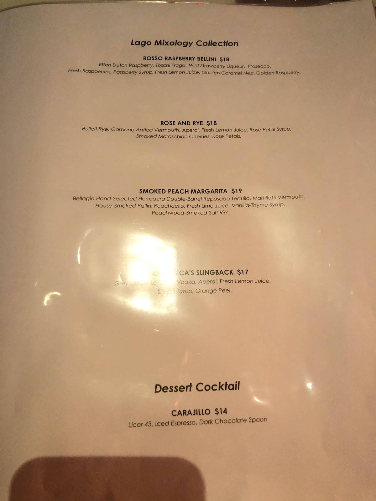 Menu at Lago restaurant, Las Vegas, 3600 S Las Vegas Blvd