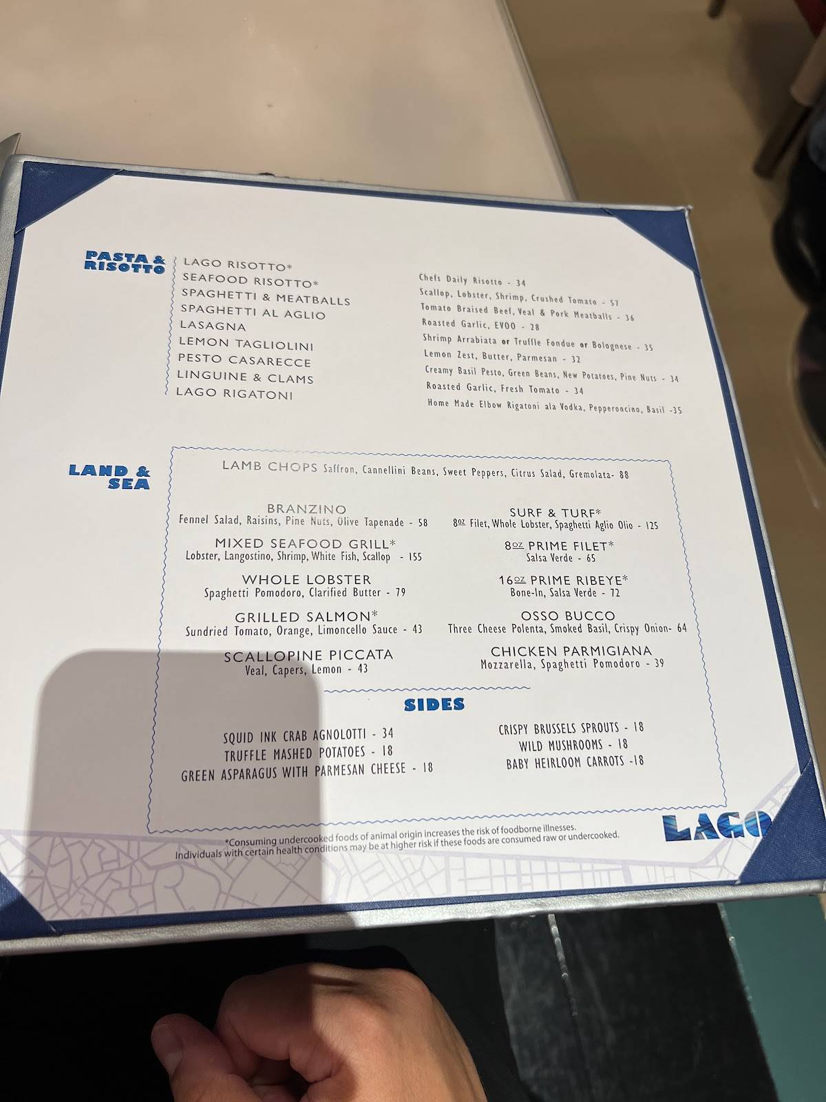 Menu at Lago restaurant, Las Vegas, 3600 S Las Vegas Blvd