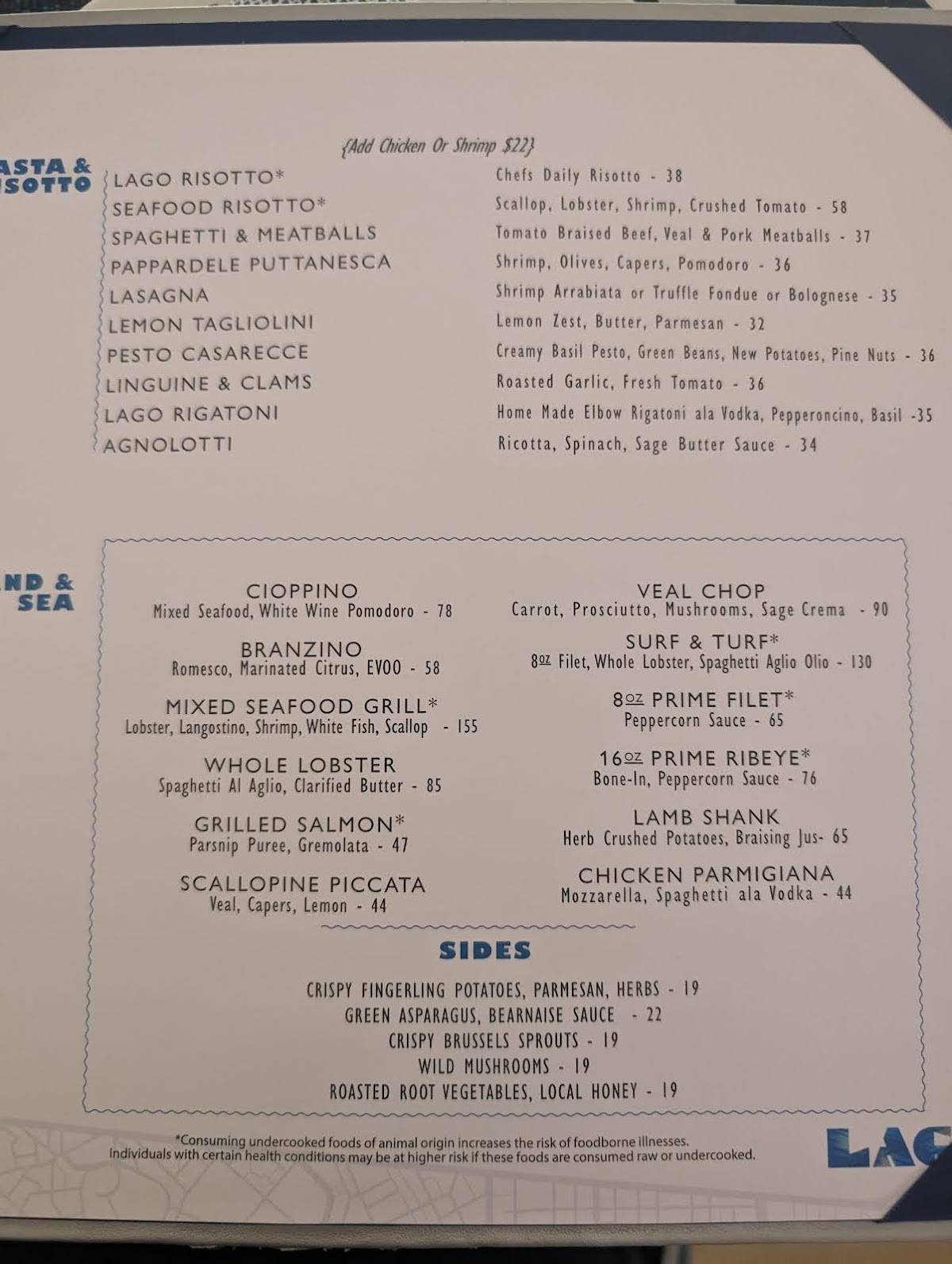 Menu at Lago restaurant, Las Vegas, 3600 S Las Vegas Blvd