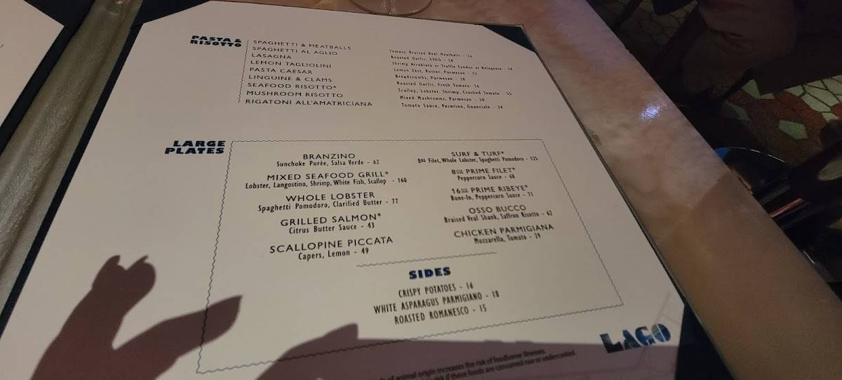 Menu at Lago restaurant, Las Vegas, 3600 S Las Vegas Blvd