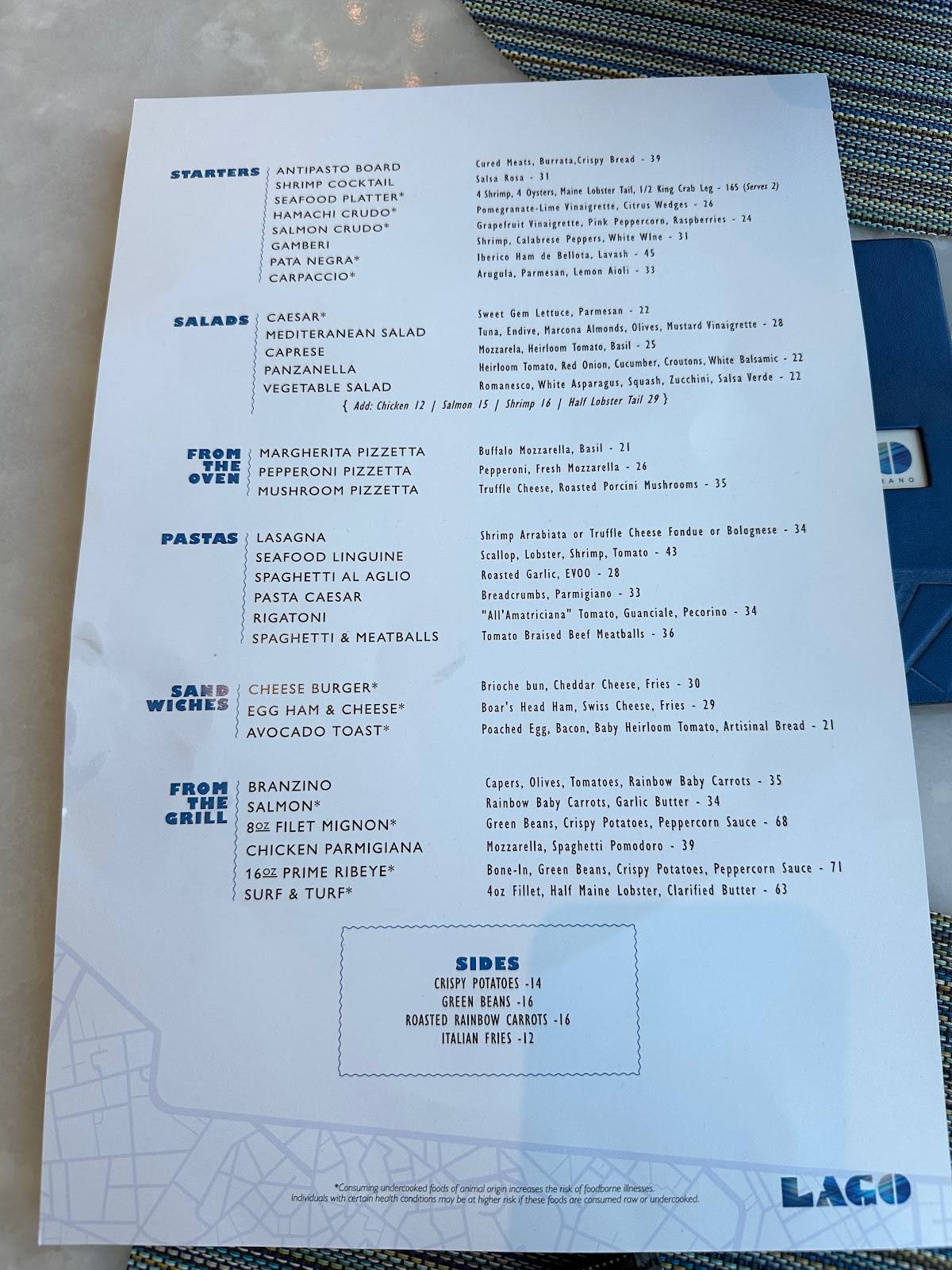 Menu at Lago restaurant, Las Vegas, 3600 S Las Vegas Blvd