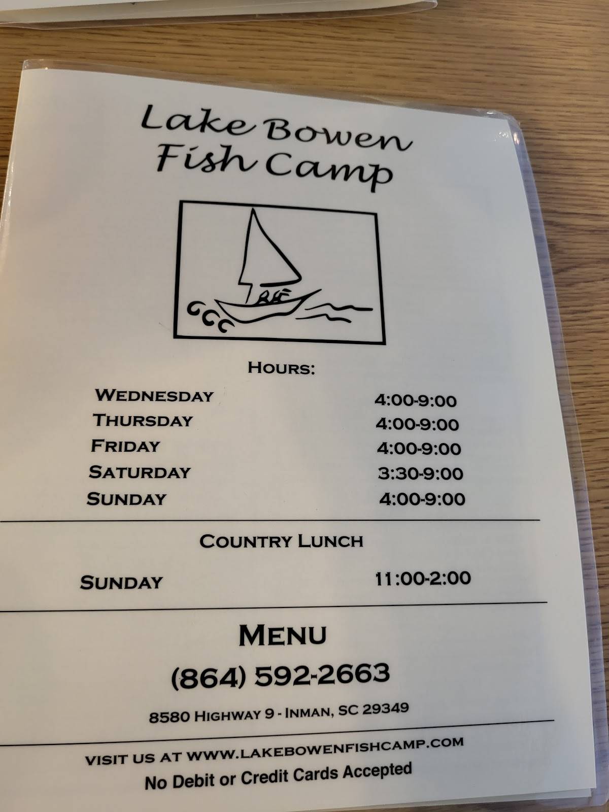 Menu at Lake Bowen Fish Camp restaurant, USA