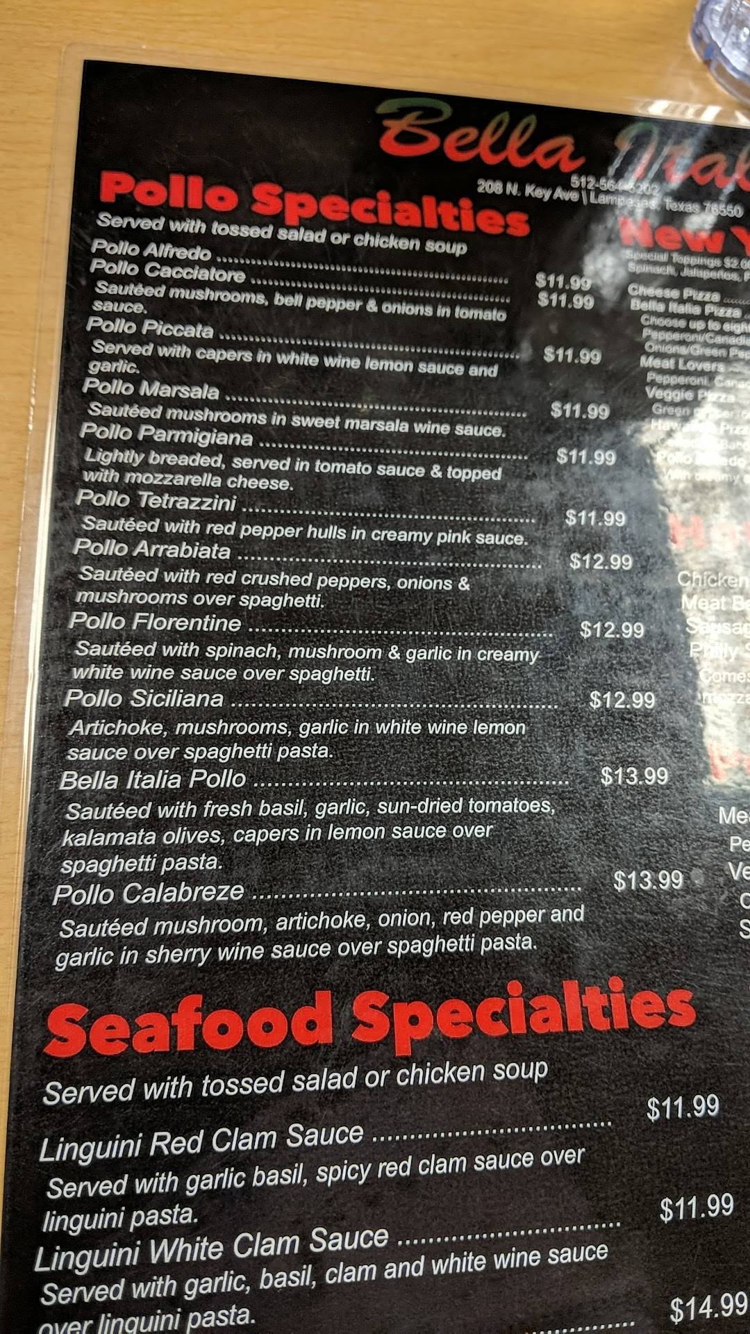Menu at Bella Italia pizzeria, Lampasas