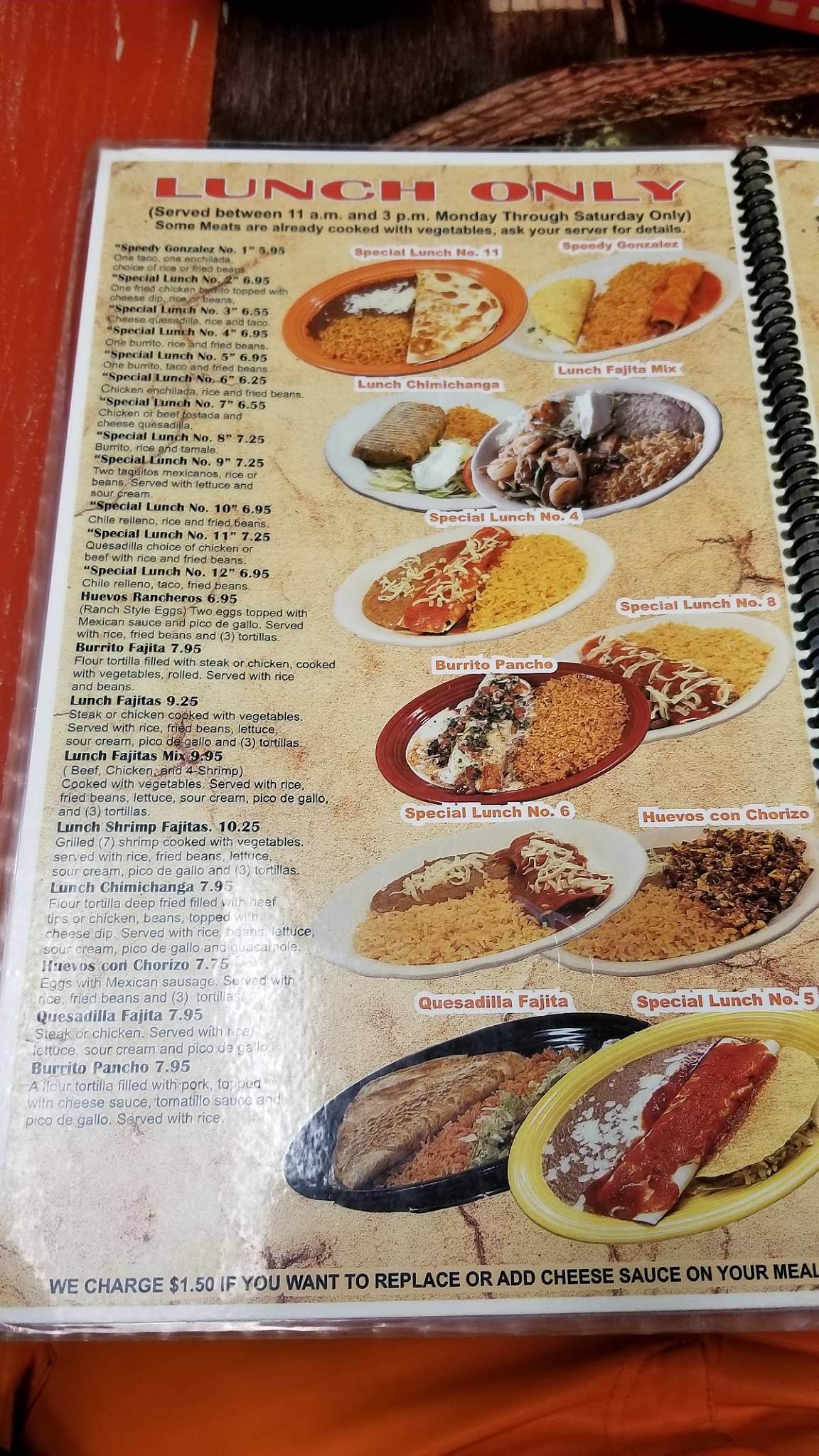 Carta del restaurante Las Flores, Rockwell City