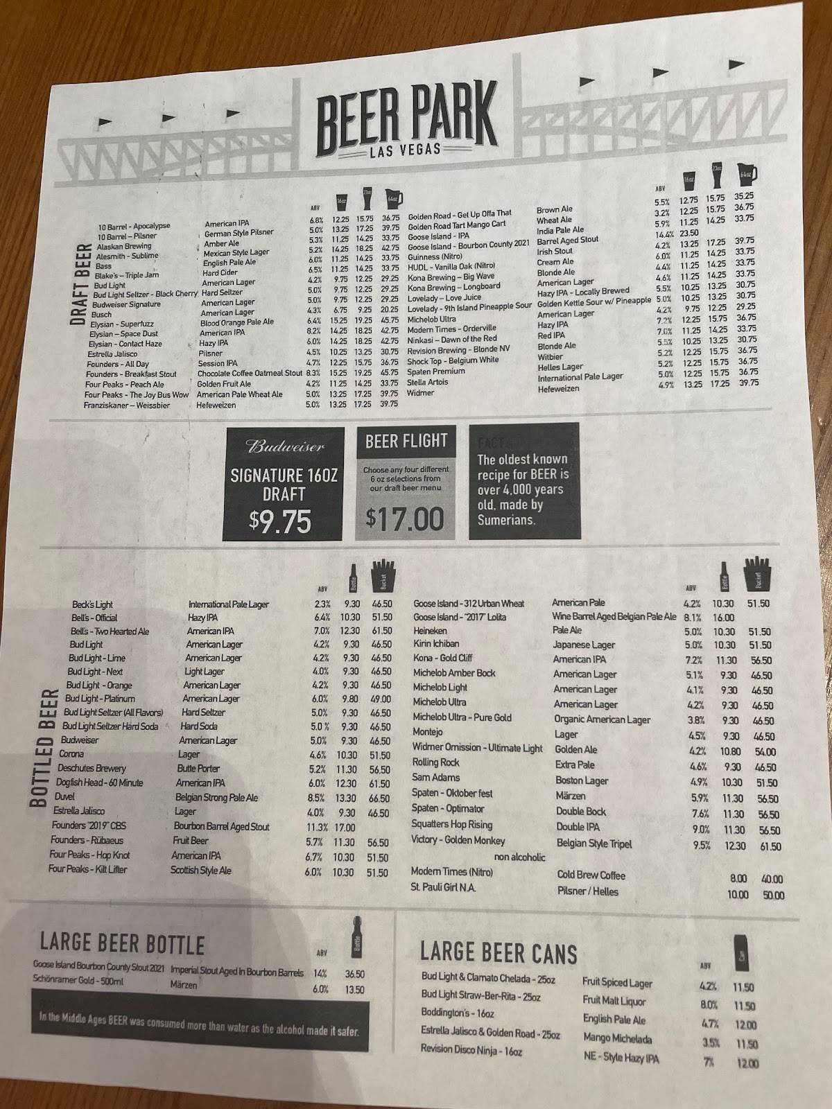 Menu at Beer Park pub & bar, Las Vegas, S Las Vegas Blvd