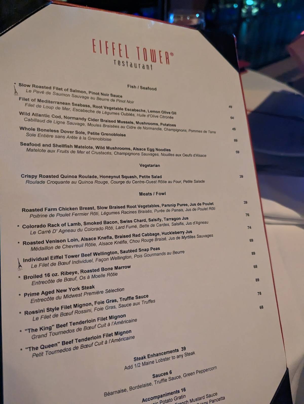 Menu at Eiffel Tower Restaurant, Las Vegas, S Las Vegas Blvd