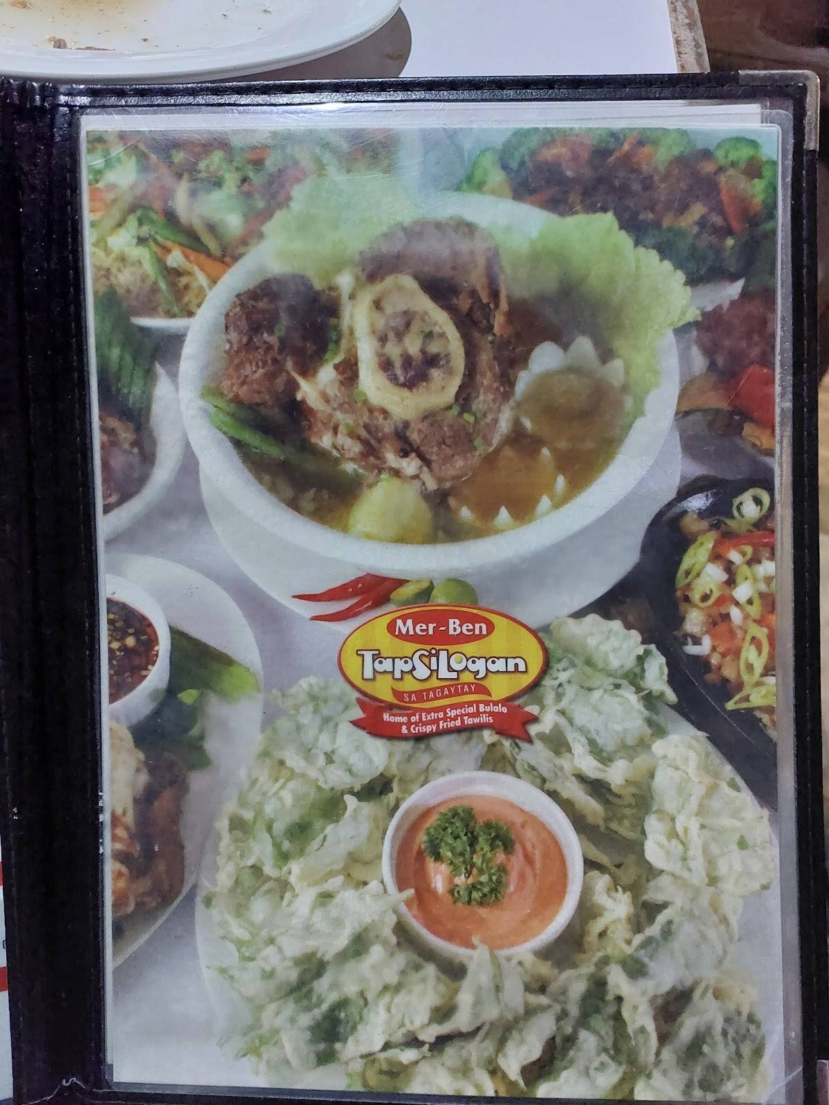 Menu at Mer-Ben Tapsilogan restaurant, Laurel, 53 Emilio Aguinaldo Highway