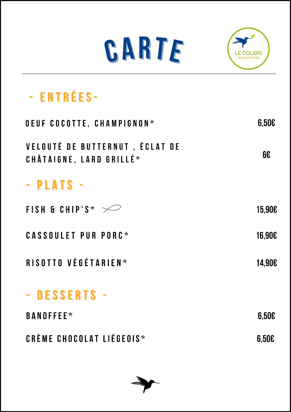 Menu au Le Colibri Restaurant bio Narbonne, Narbonne