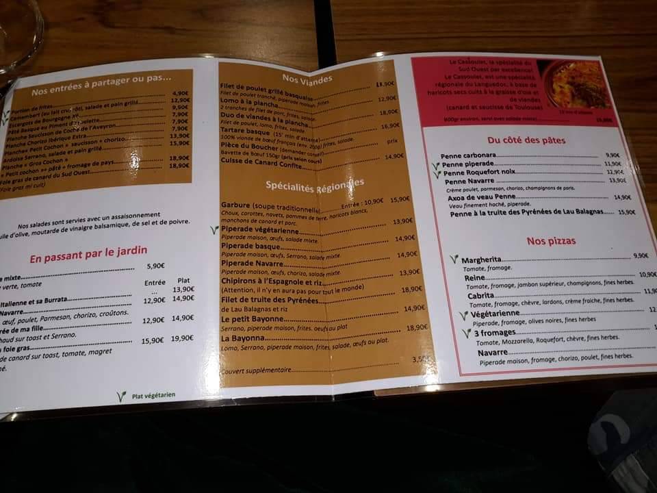 Menu at Le Navarre restaurant, Lourdes