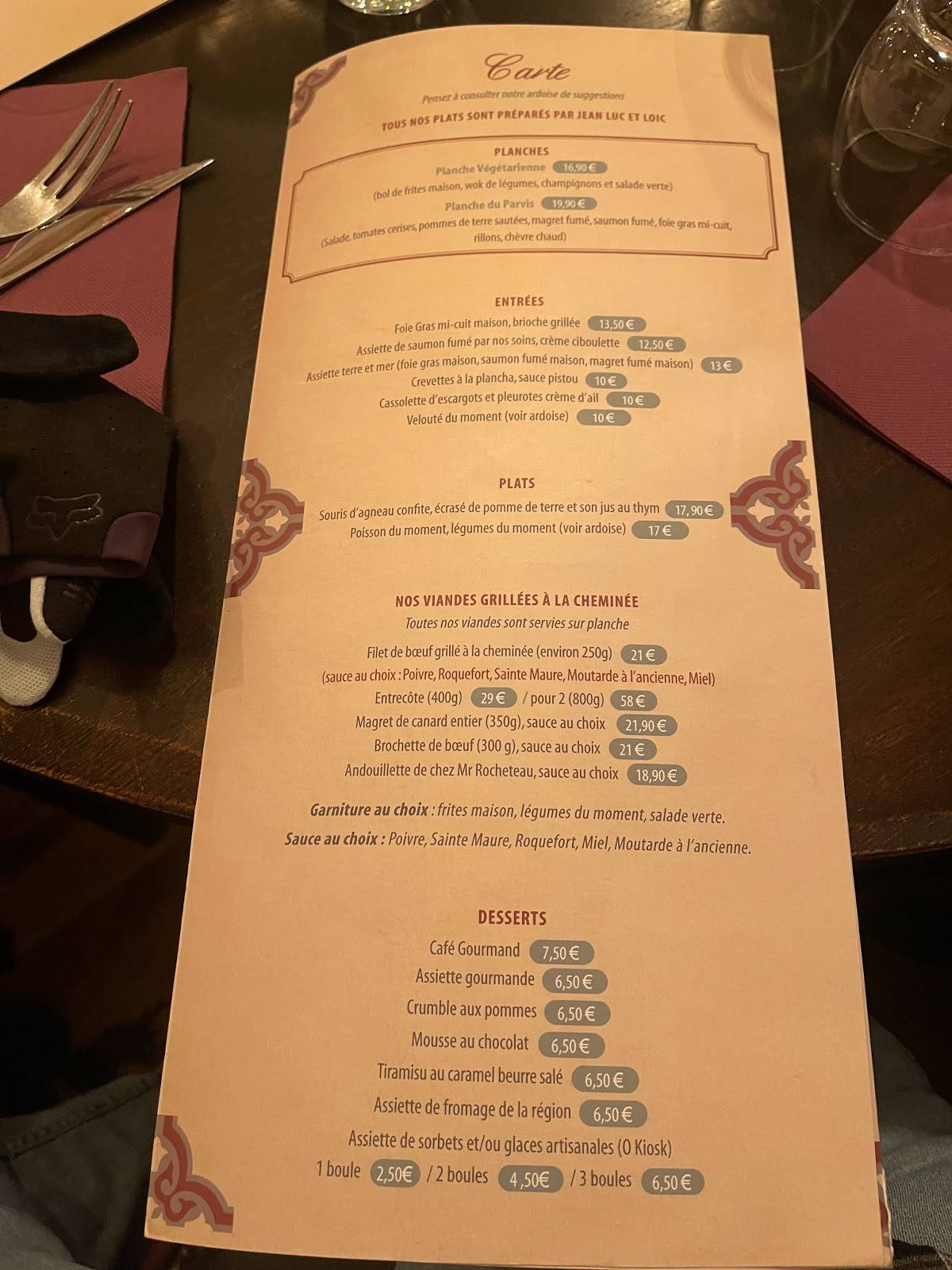 Menu at Le Parvis steakhouse, Amboise