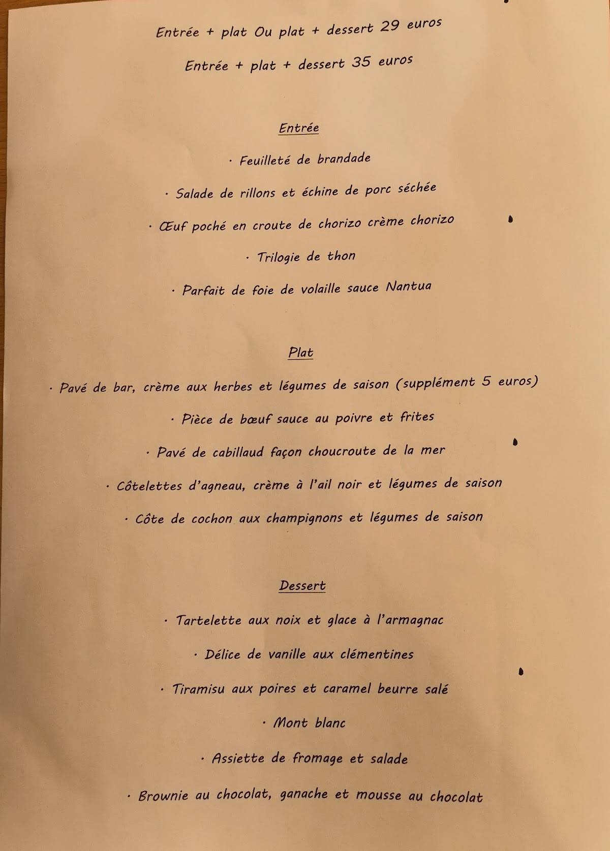 Menu au Le Petit Prince restaurant, Chartres