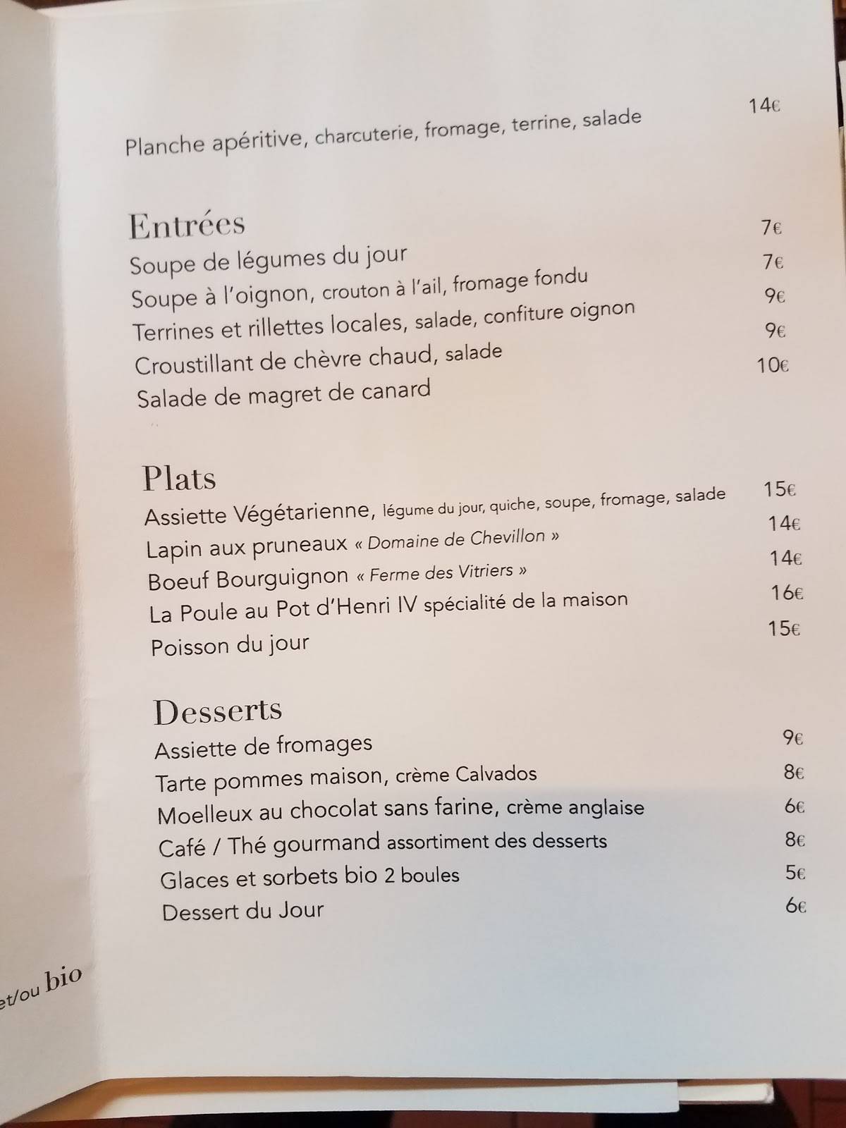 Menu at Le Pichet 3 restaurant, Chartres