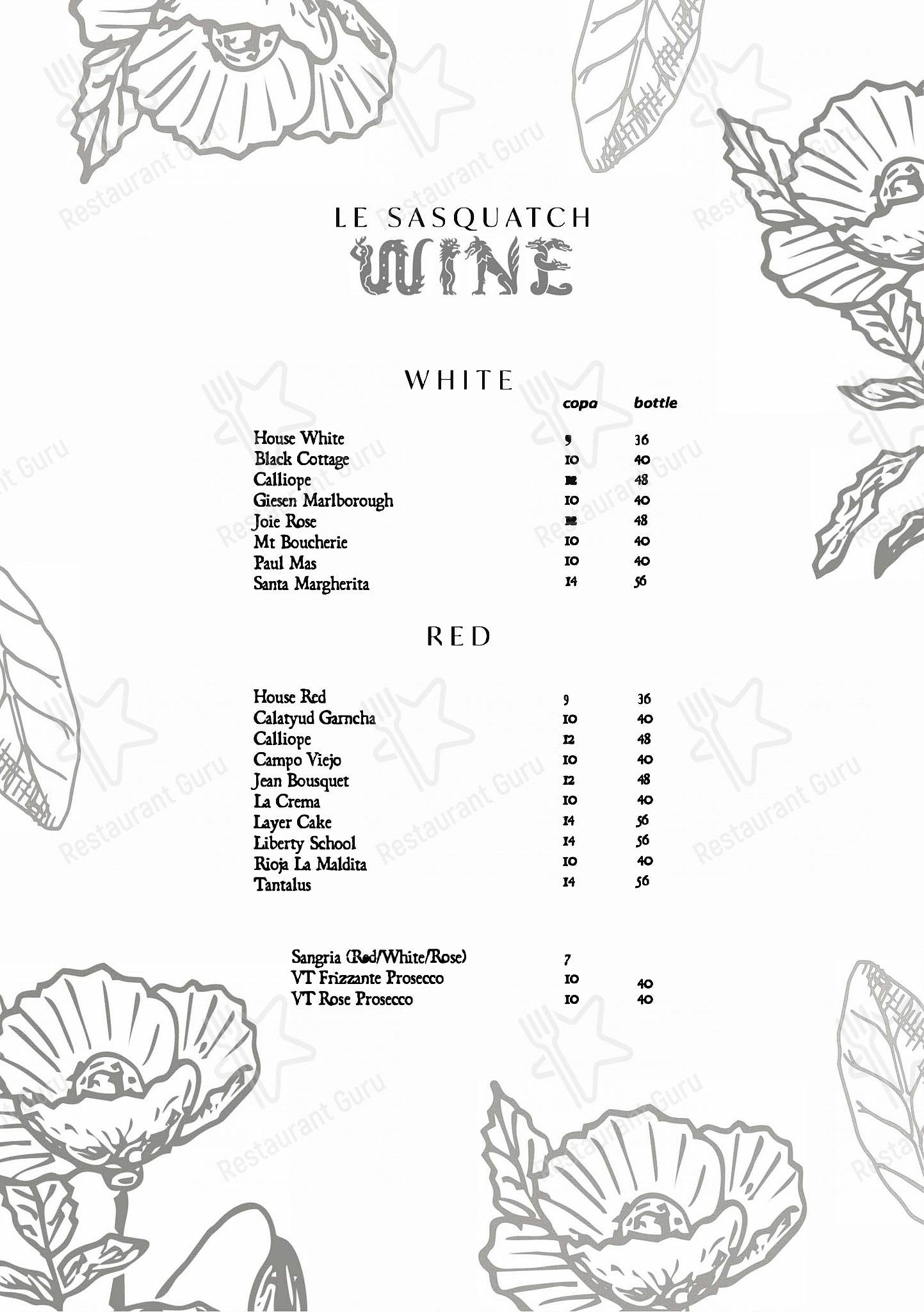 Menu at Le Sasquatch pub & bar, White Rock, Marine Dr